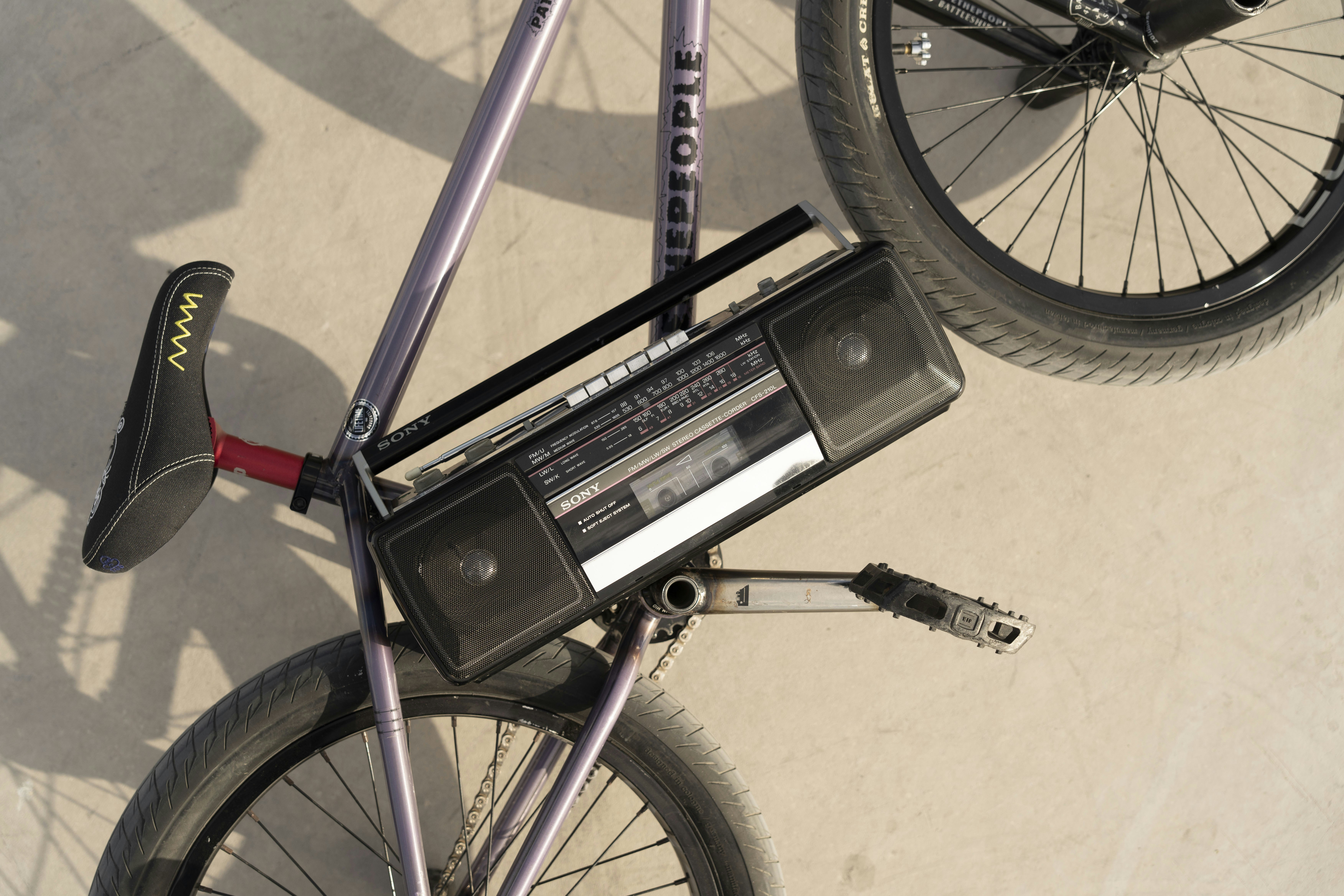 Boombox attached to a bicycle frame