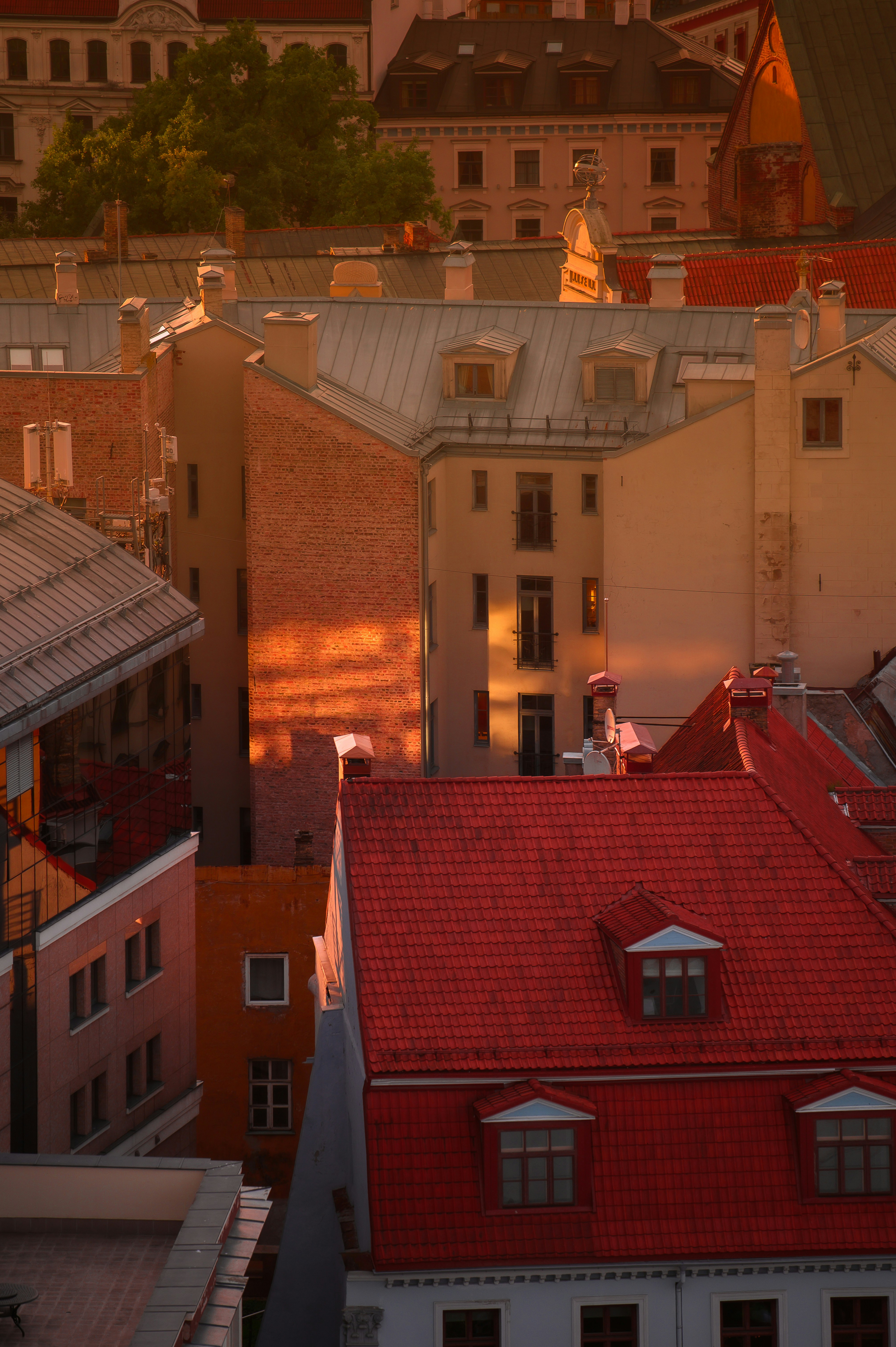 Warm sunset light illuminates european city rooftops.