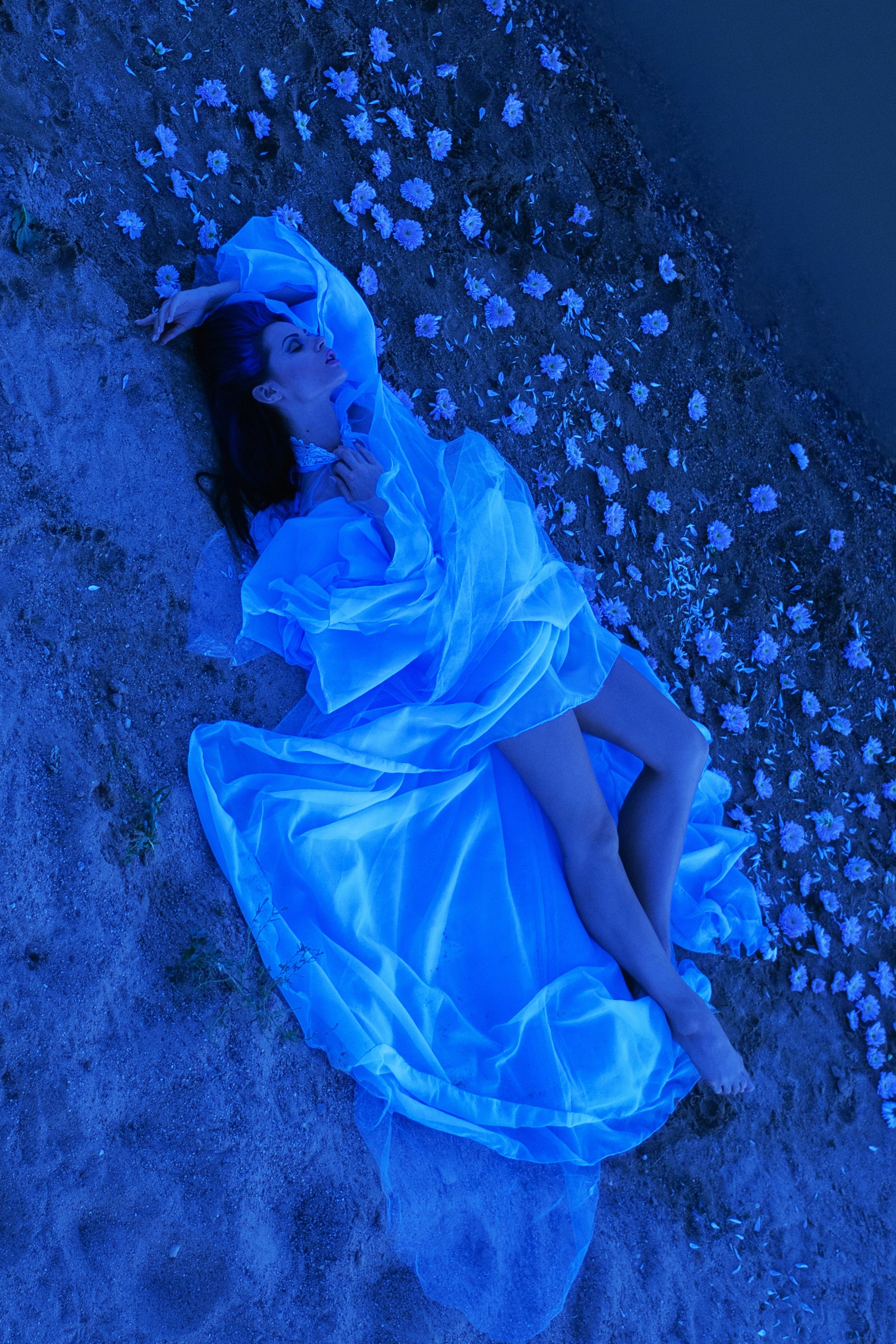 A figure in a flowing blue gown reclines on a sandy bank adorned with delicate flowers, evoking a dreamlike atmosphere under soft lighting.