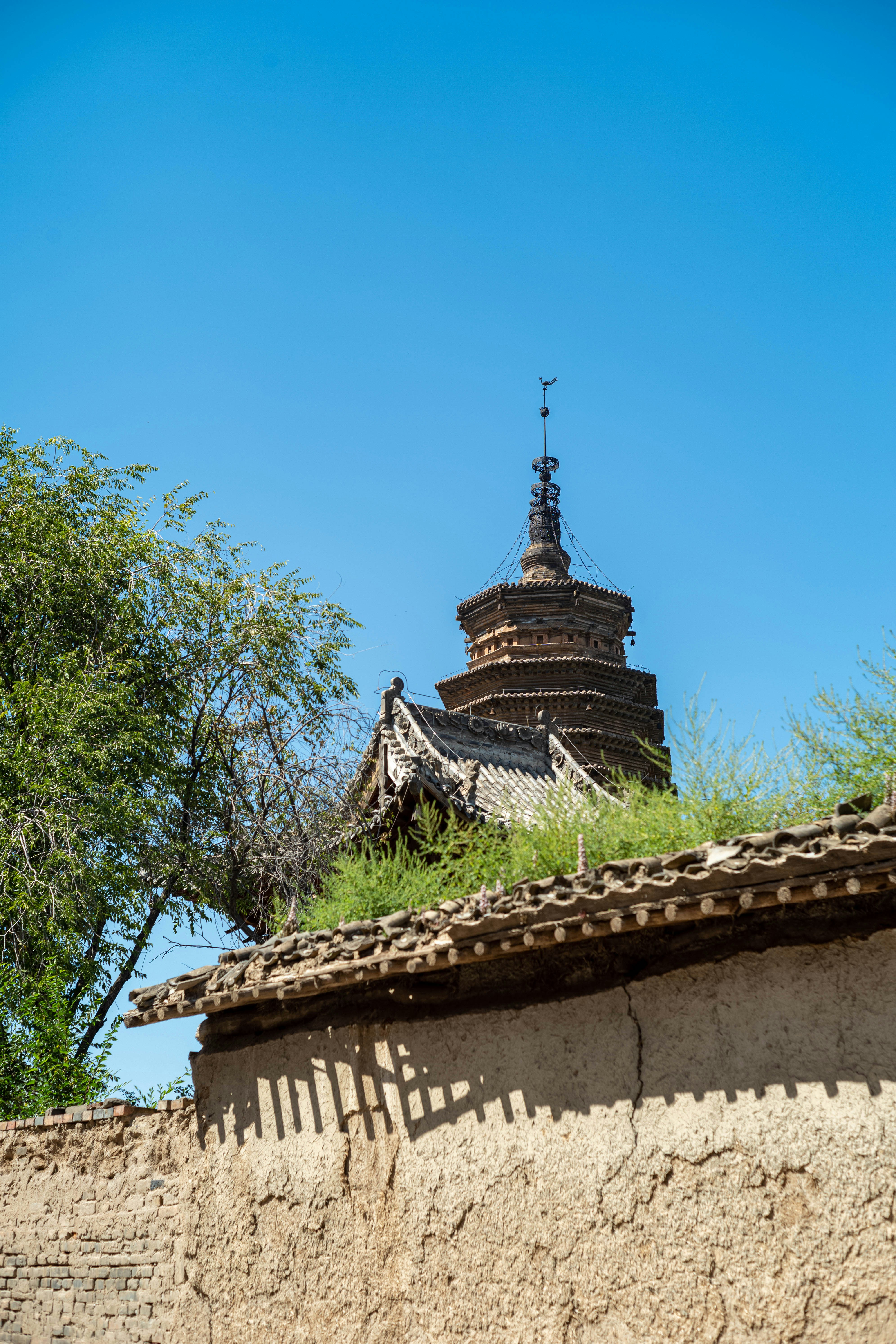 Hidden Pagoda Emerging Over Sunlit Earthen Walls