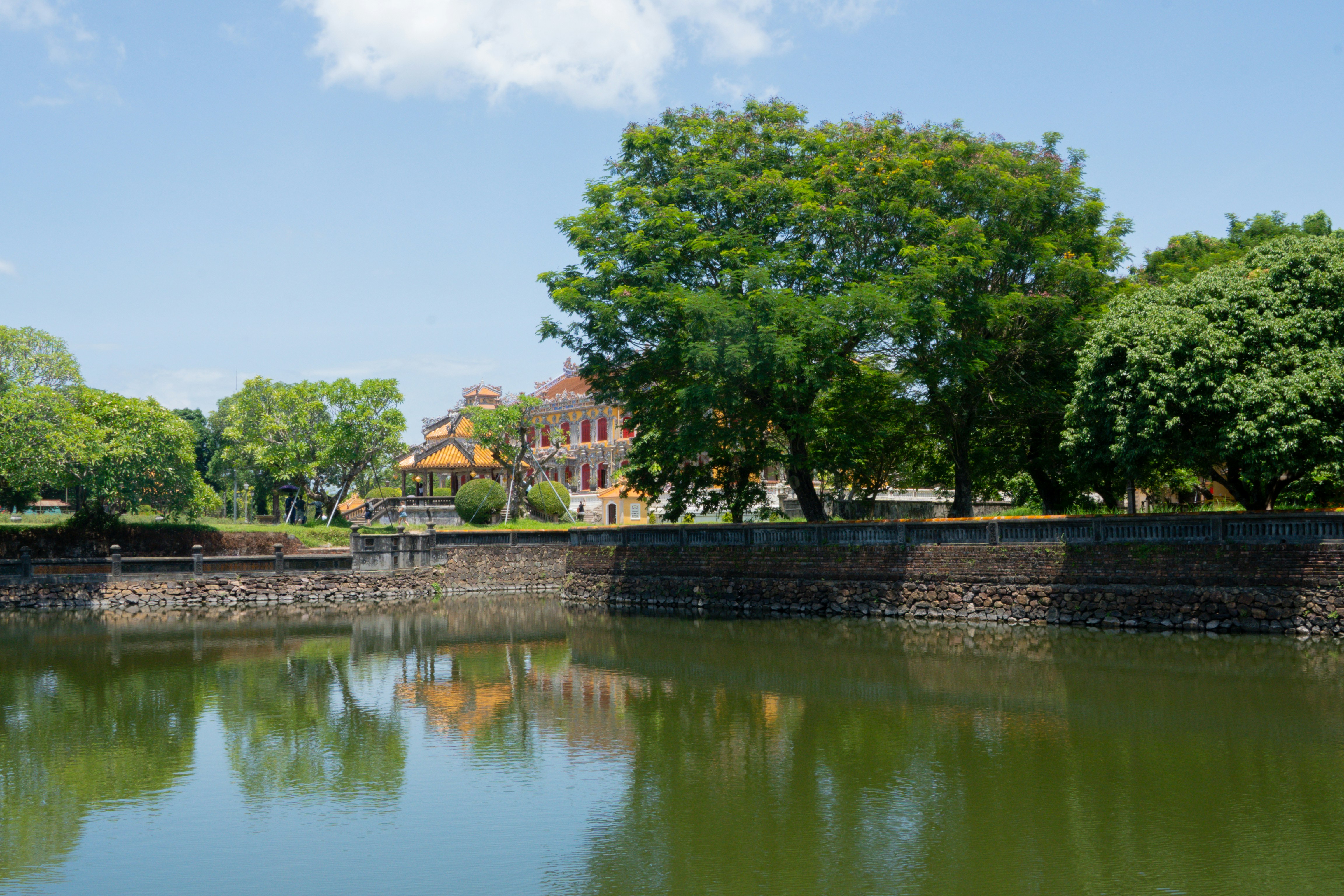 A tranquil pond reflects trees and a building.