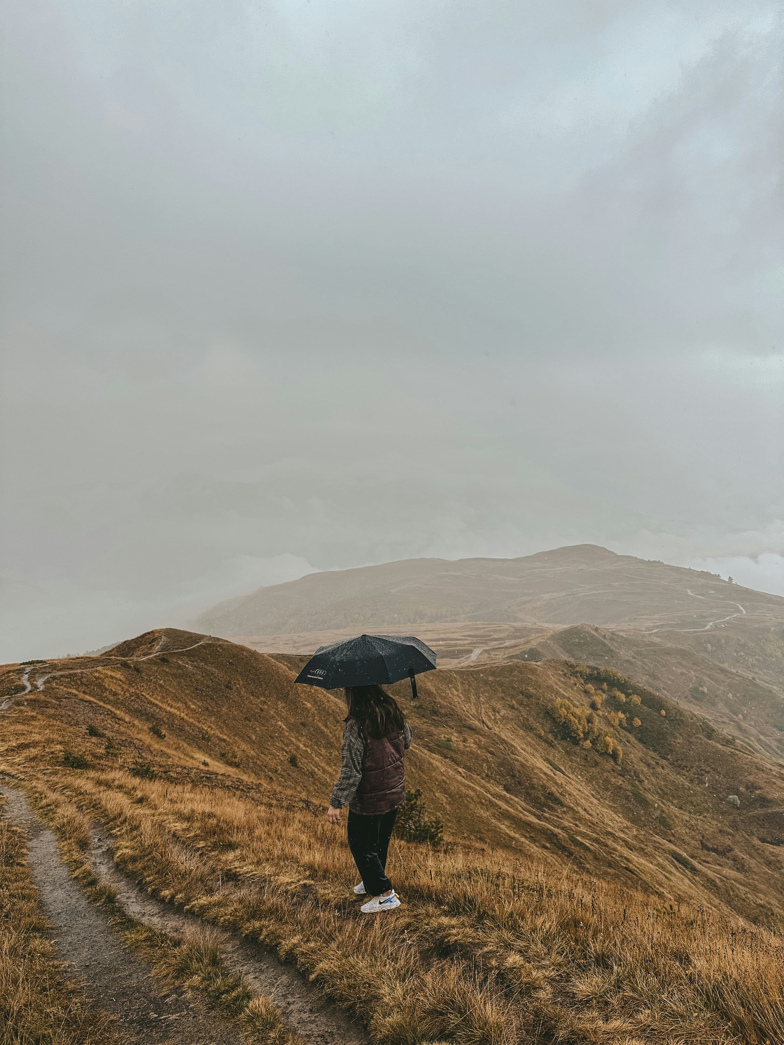 Person with umbrella on a foggy mountain trail.