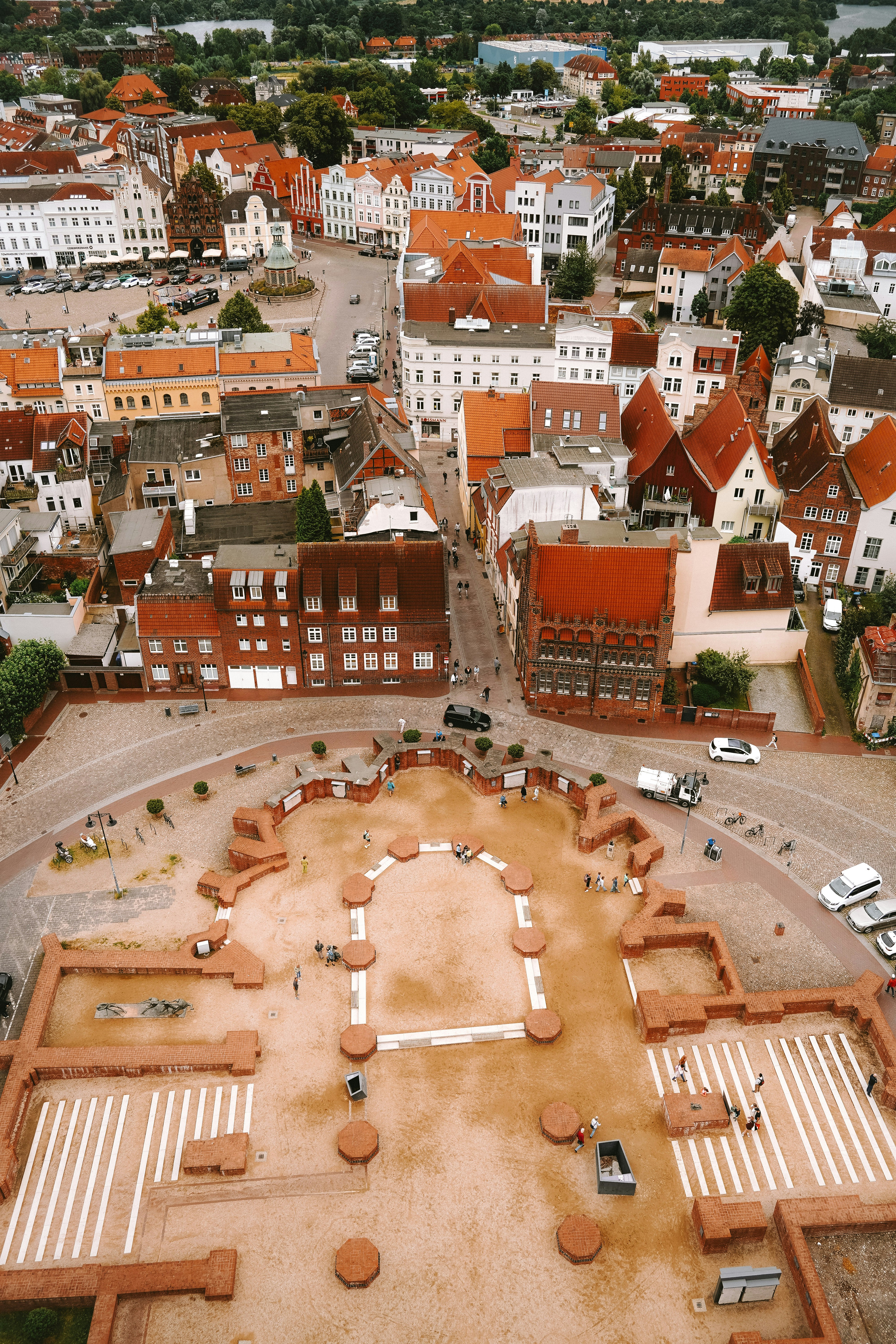 postwar church foundation ruins from above | Aerial view of historic european city with ancient ruins.