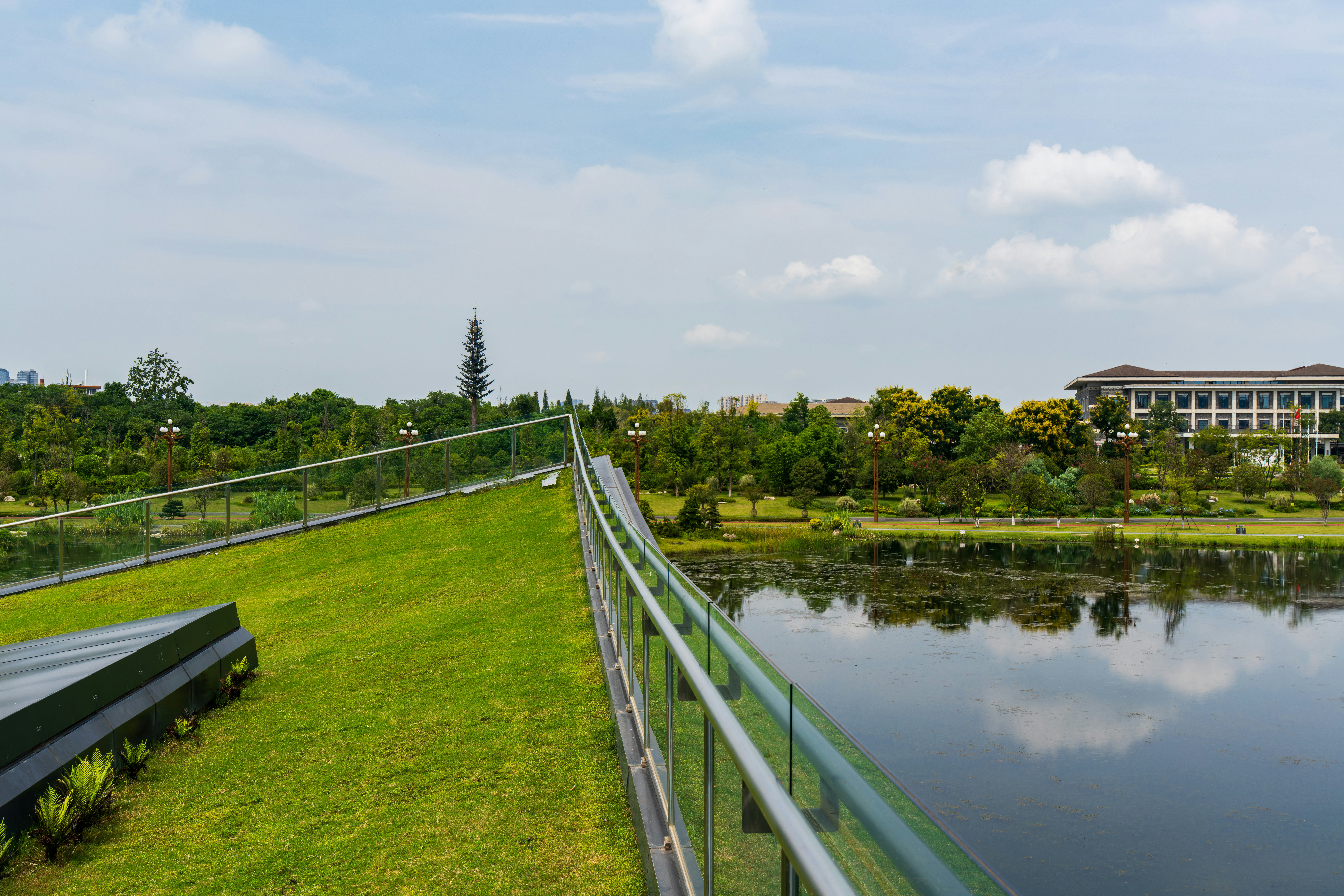 A winding pathway bordered by lush greenery leads to a tranquil lake, reflecting the surrounding trees and sky.