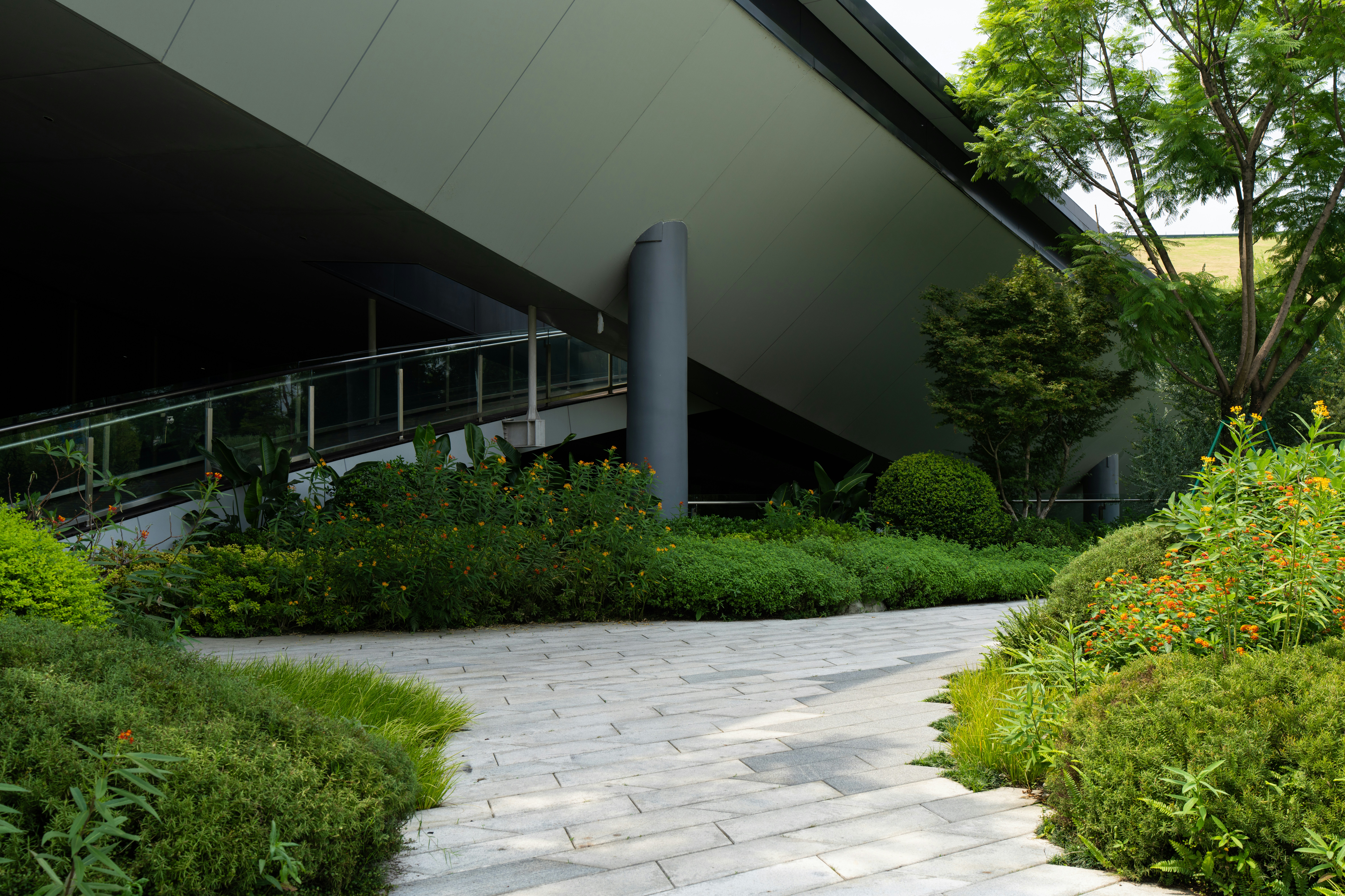 Curved pathway through vibrant greenery leading to a modern architectural structure. Lush plants and flowers accentuate the scene.