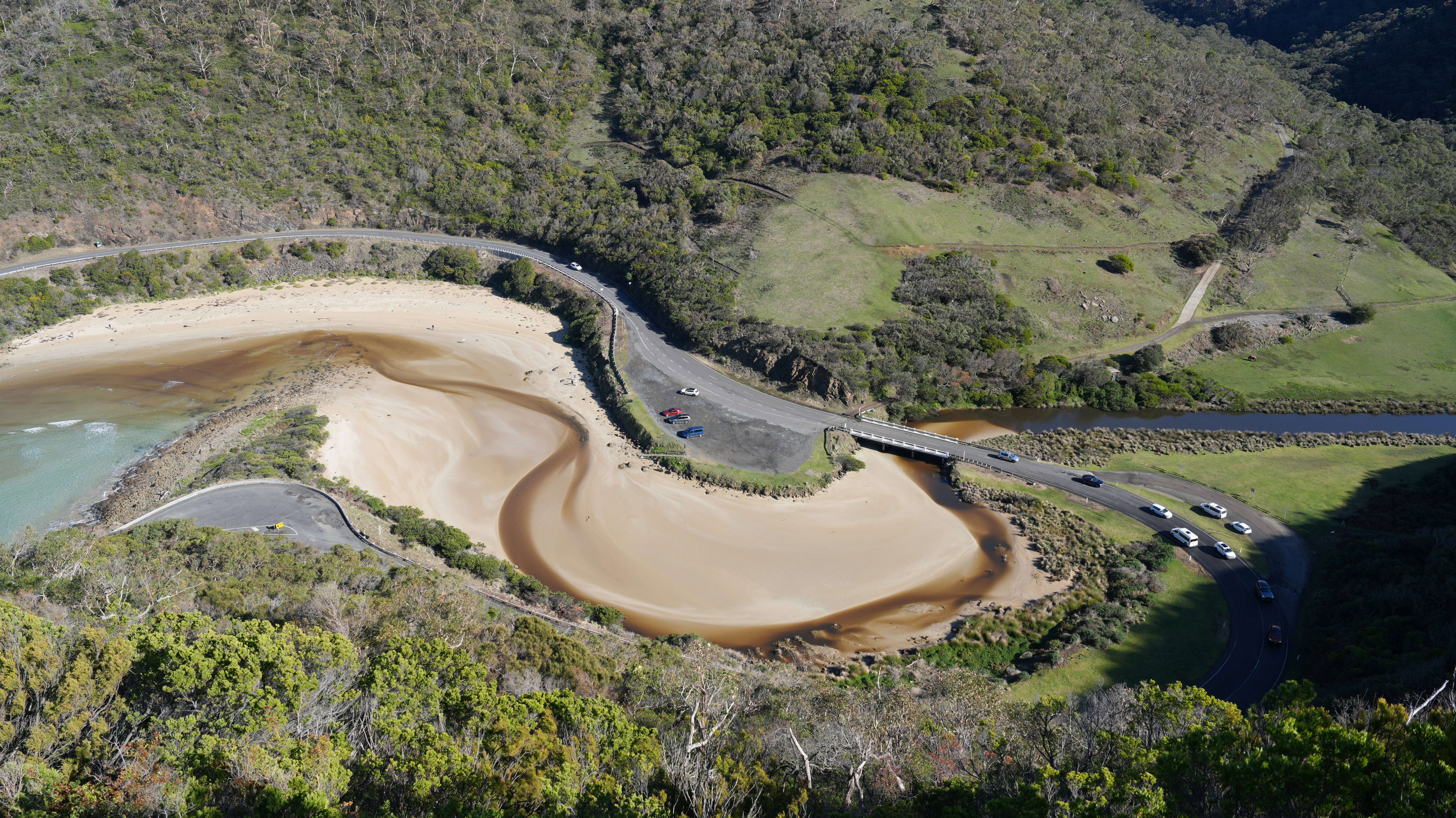 Winding river and sandy beach with road and trees photo – Free Beach ...
