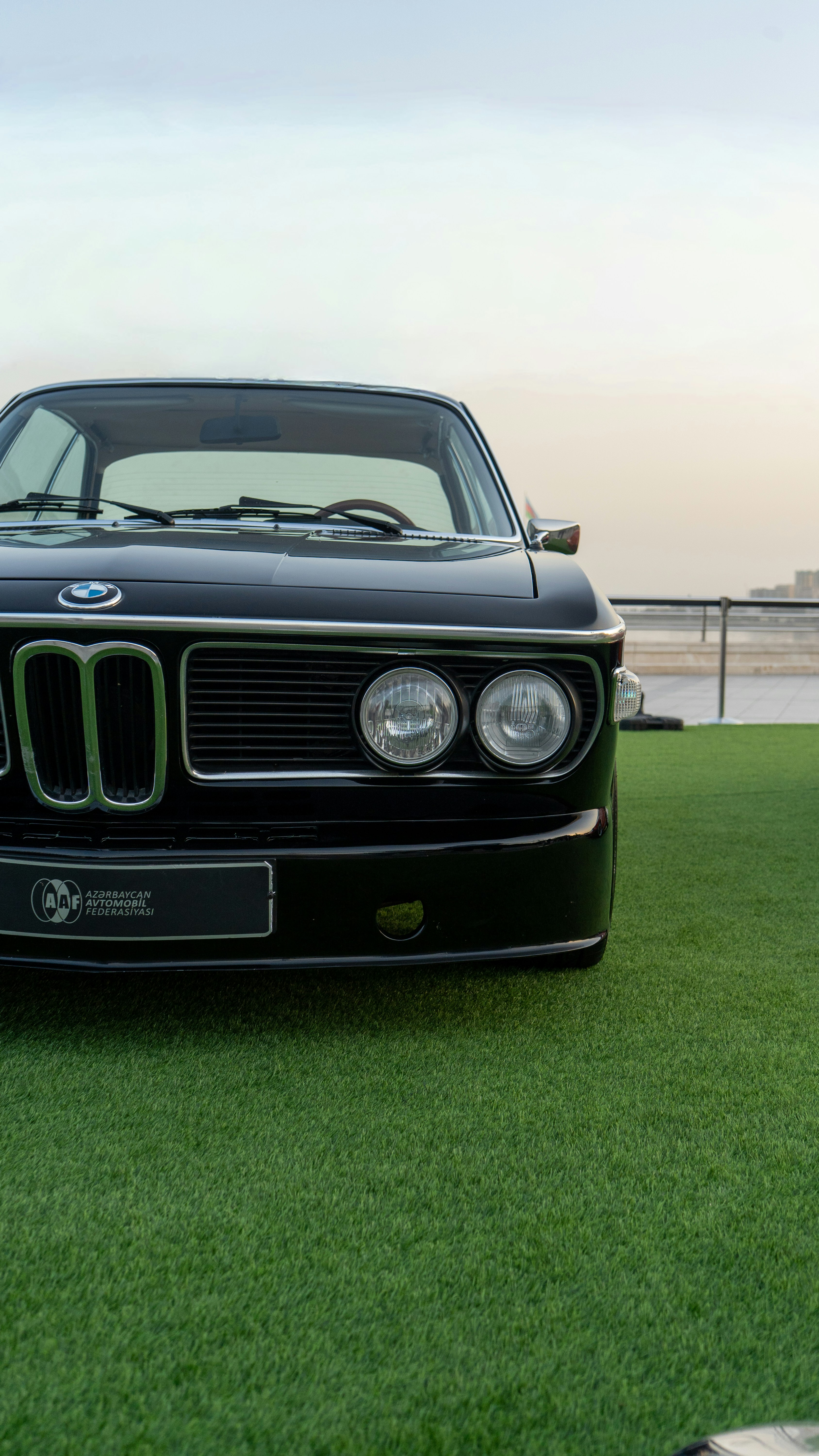 Front view of a classic black BMW car on grass.