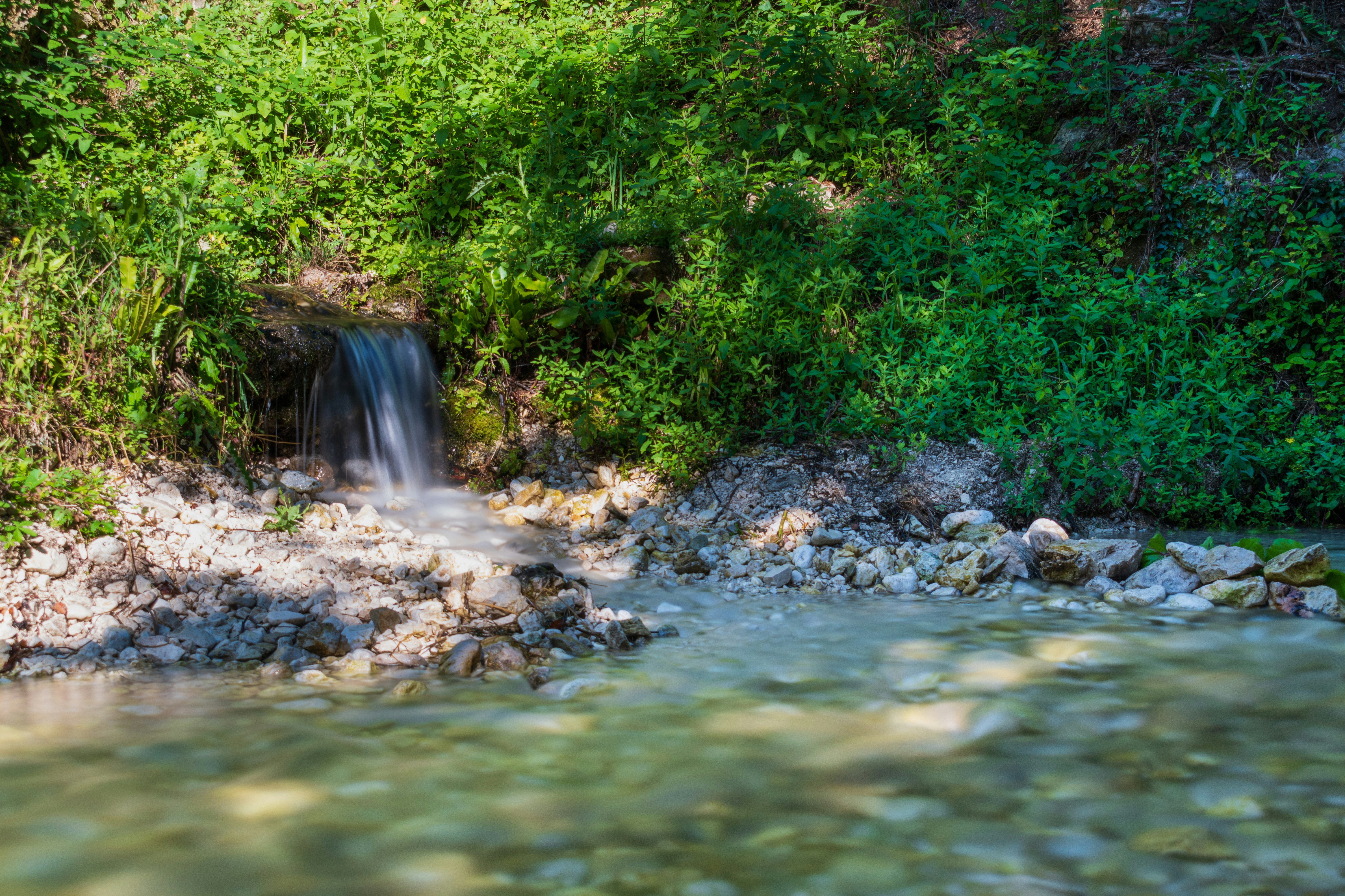 Small waterfall flows into a clear stream.