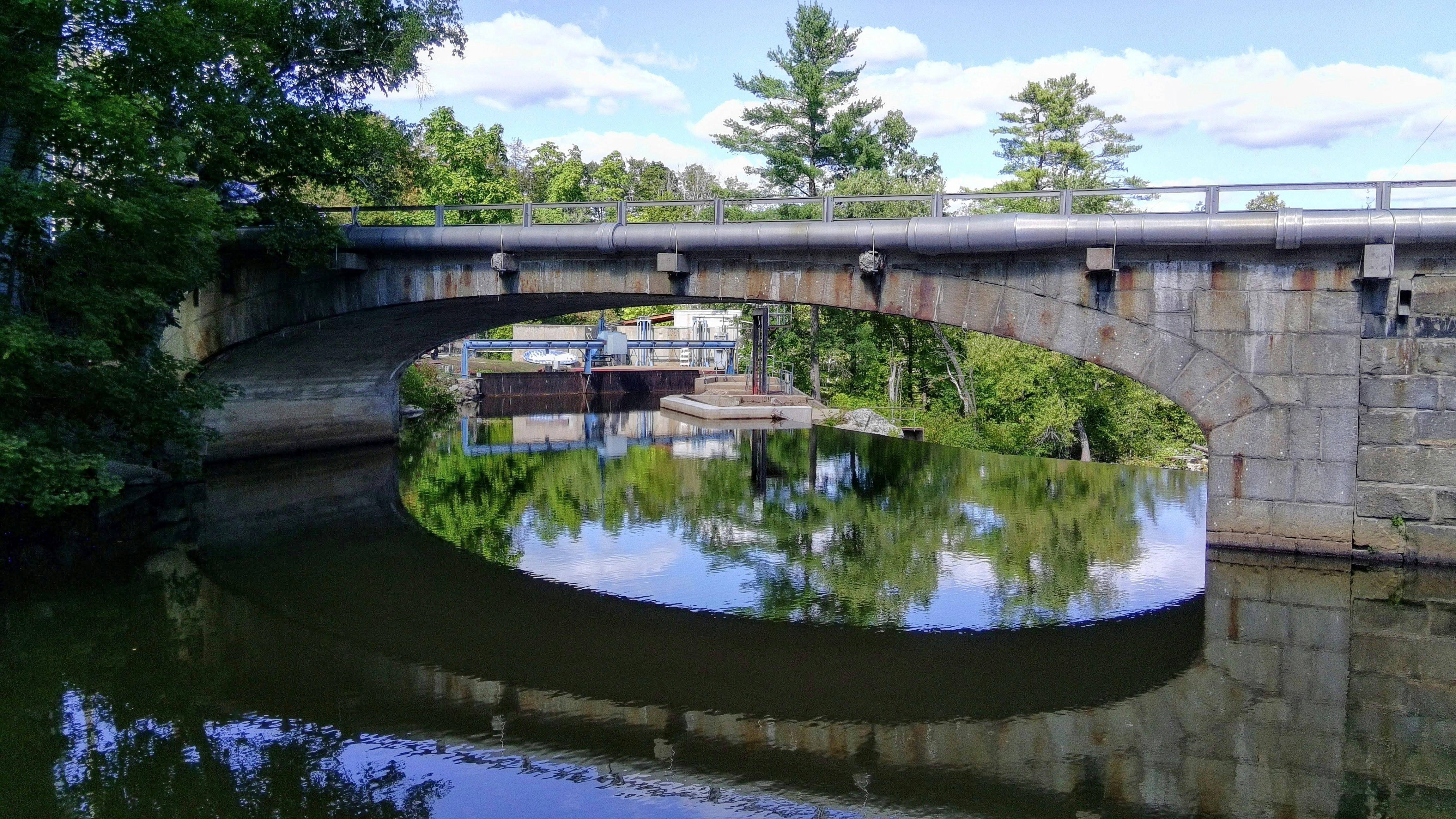 A stone bridge arching over a tranquil river, with reflections creating a symmetrical pattern. Lush greenery frames the scene.