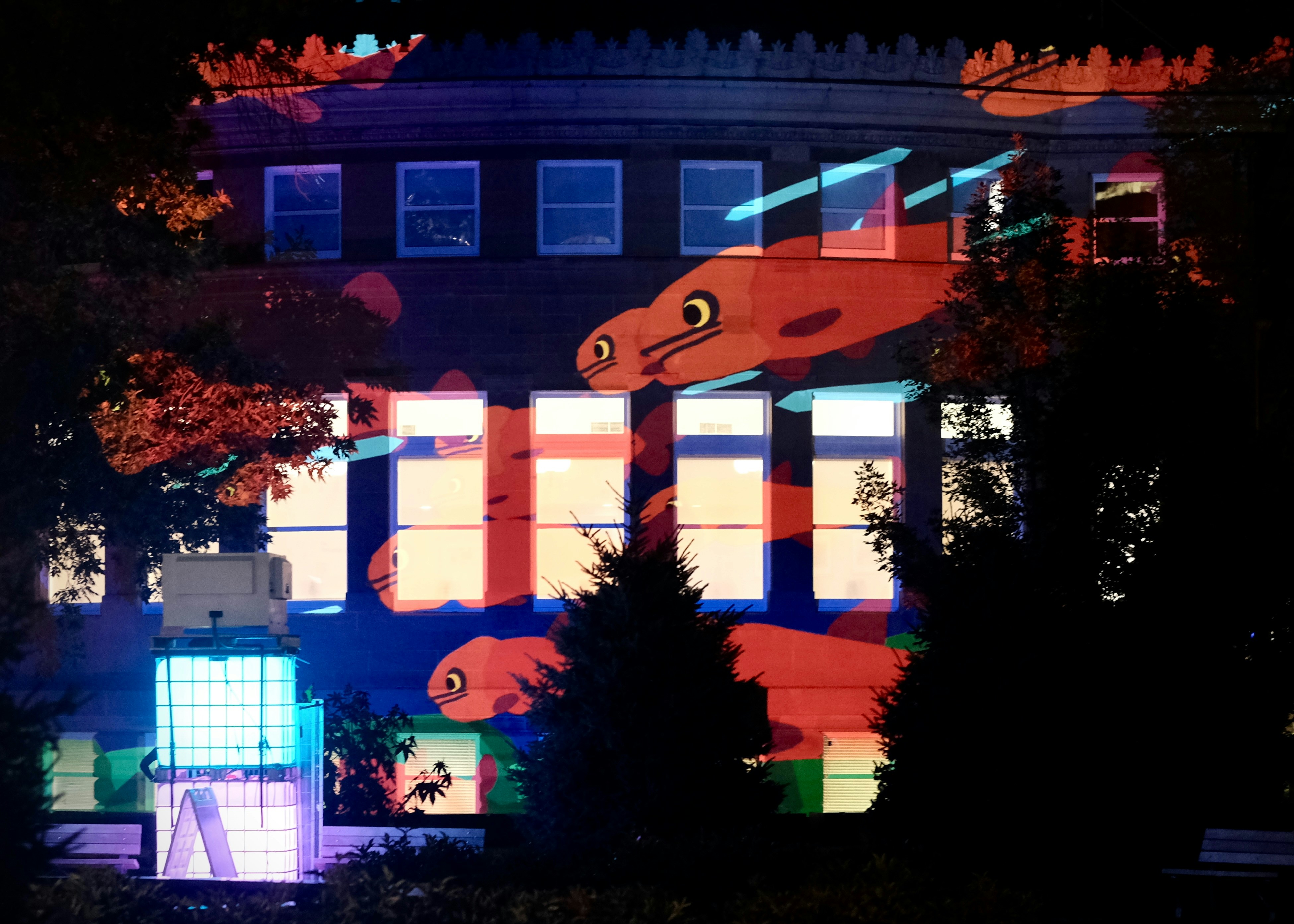 Vibrant projection of serpentine figures on a building, juxtaposed with illuminated geometric shapes in the foreground. The scene captures a fusion of art and architecture.