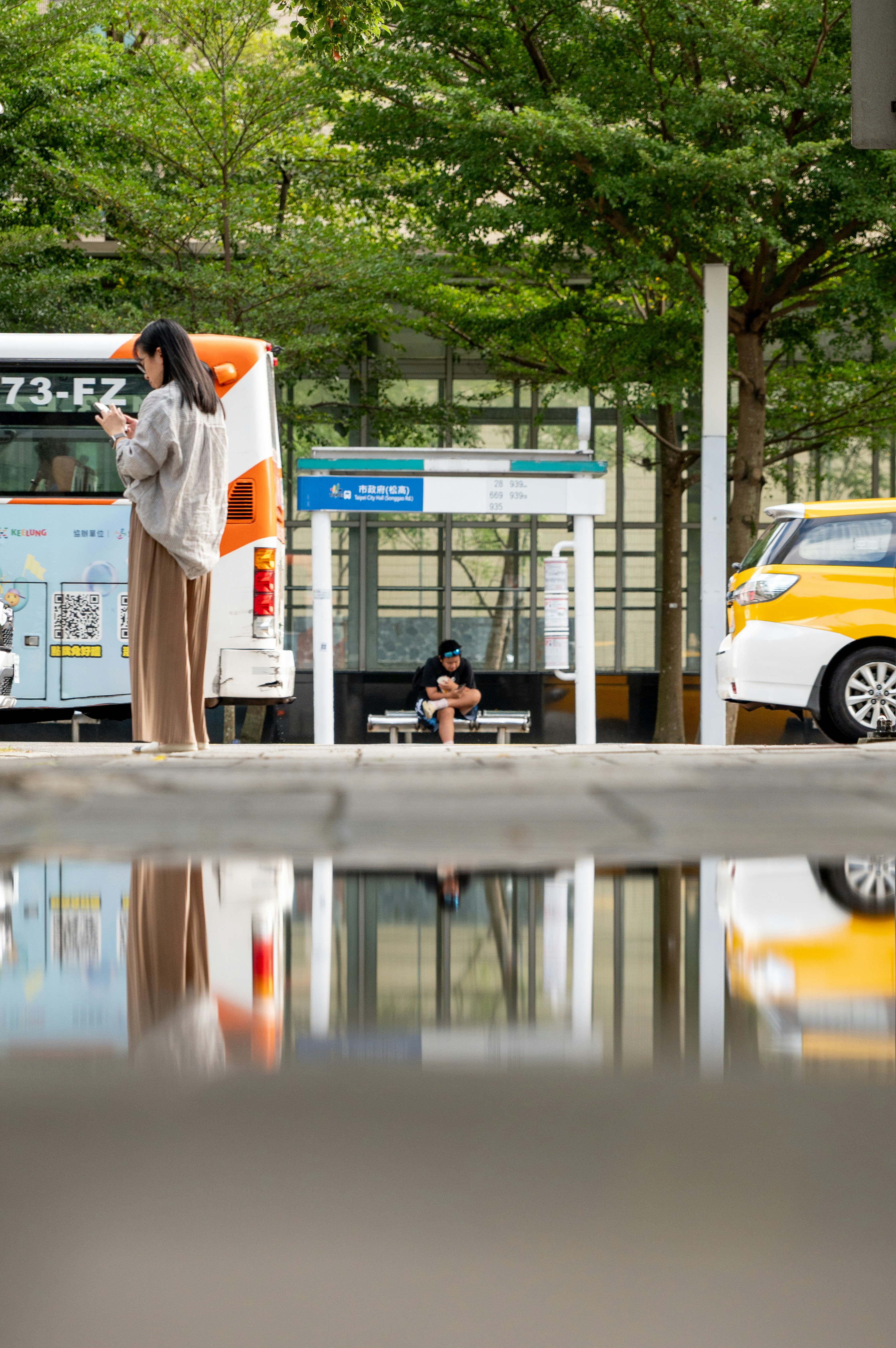 Woman checks phone at bus stop with yellow taxi.