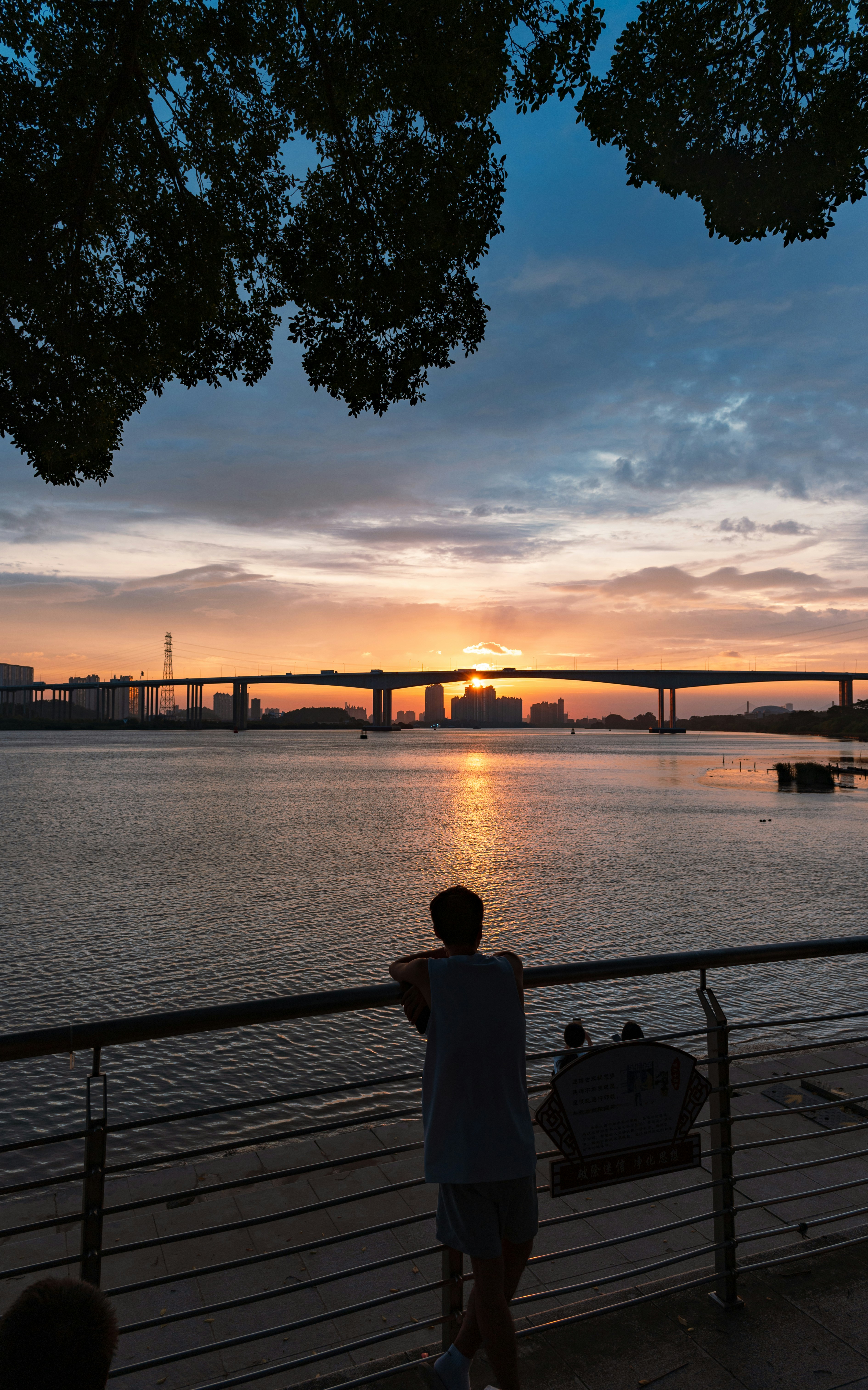 Sunset Silhouette Over the River: Contemplation by the Rail