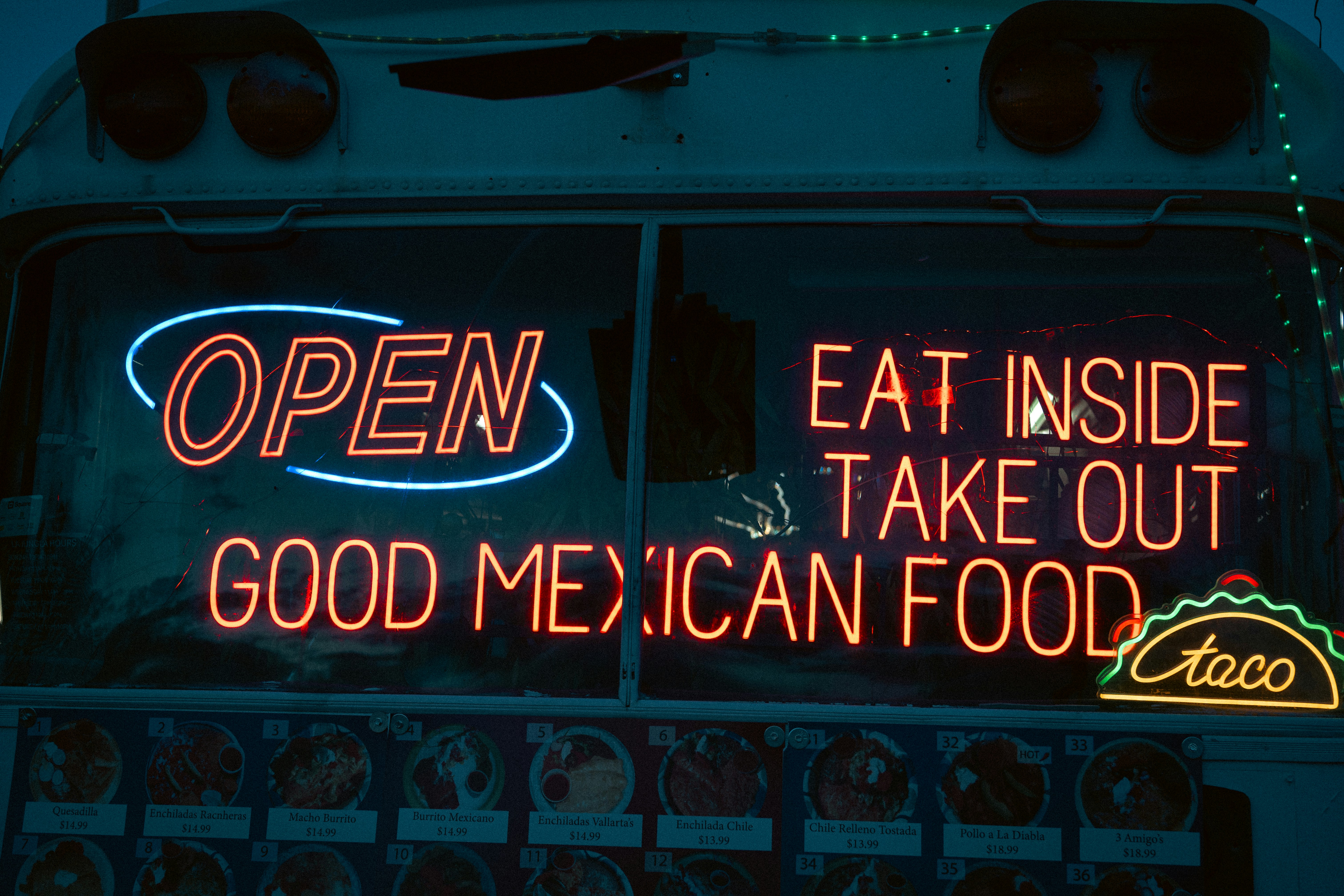 Neon signs for open mexican food restaurant