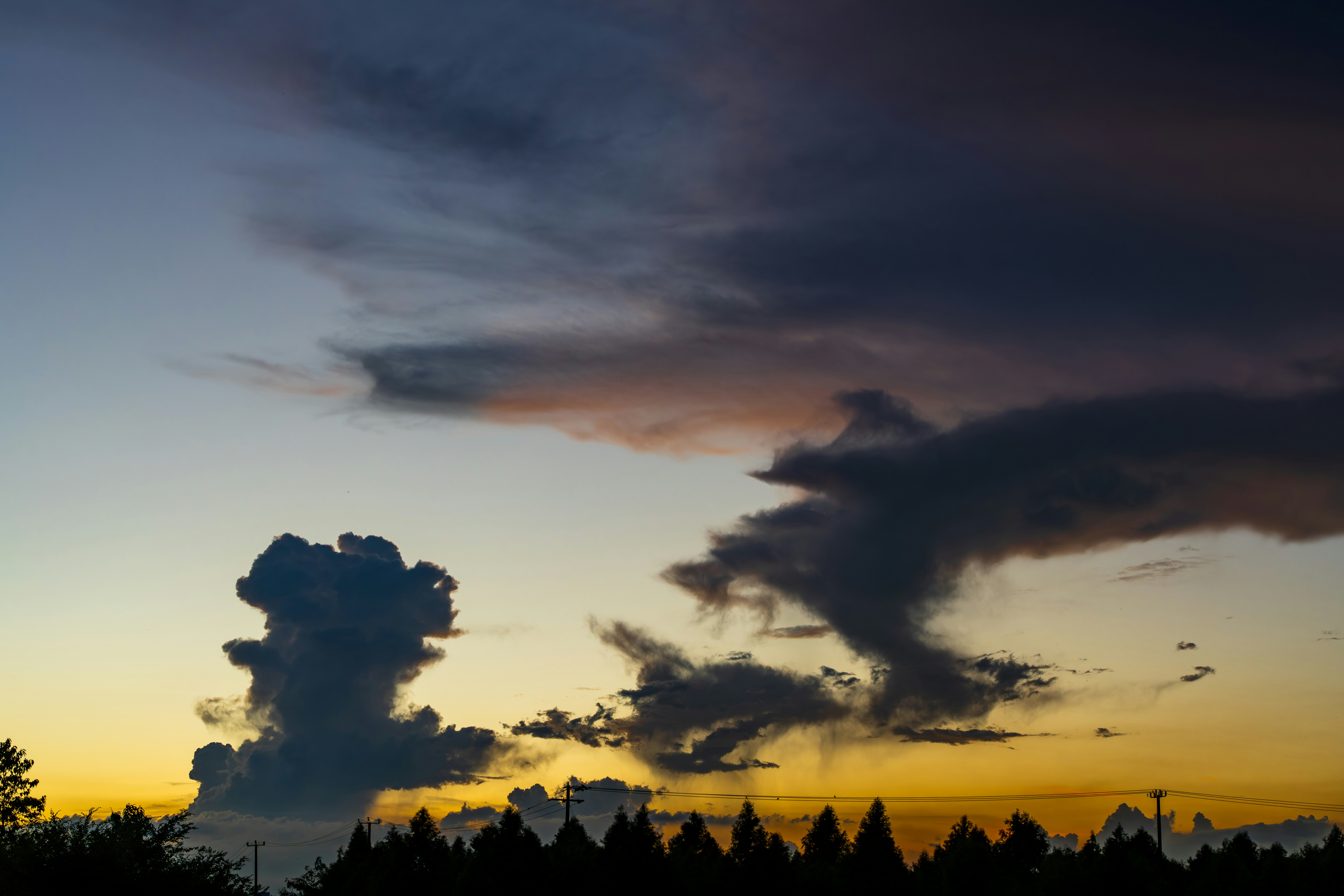 Dramatic clouds at sunset over silhouetted trees