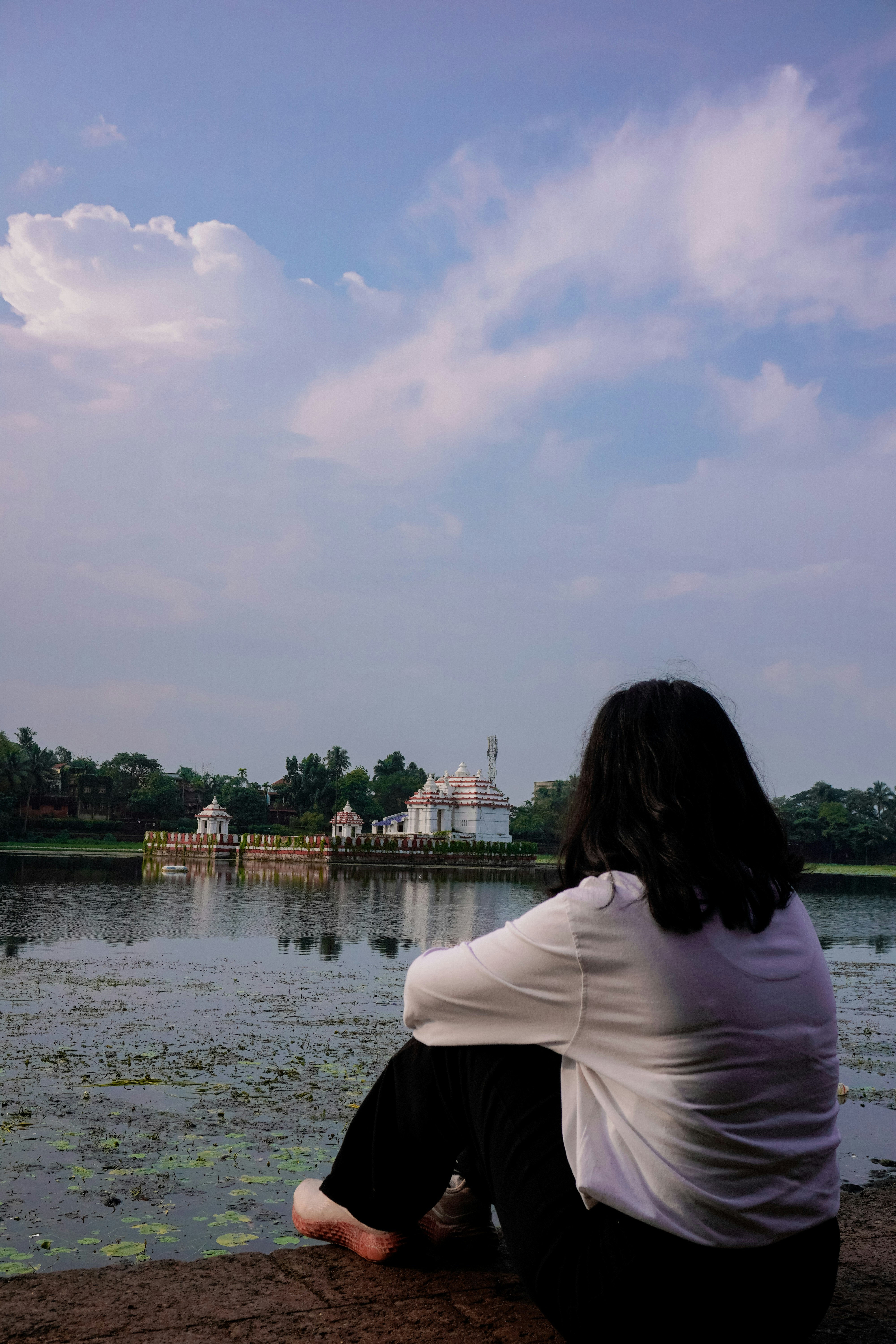 Lakeside Reverie: A Seated Figure Overlooking a Temple Across the Water