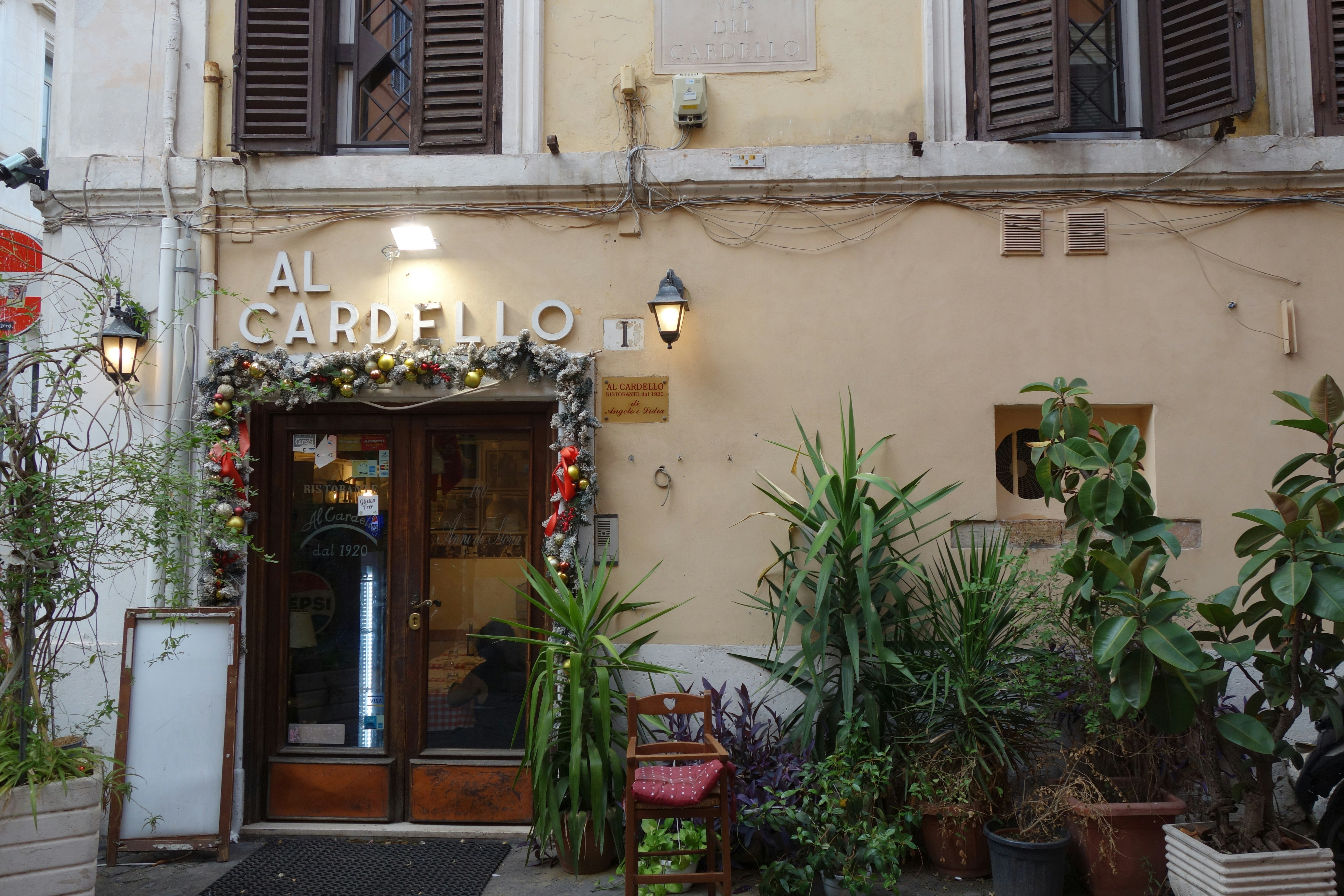 Restaurant entrance decorated with plants and lights