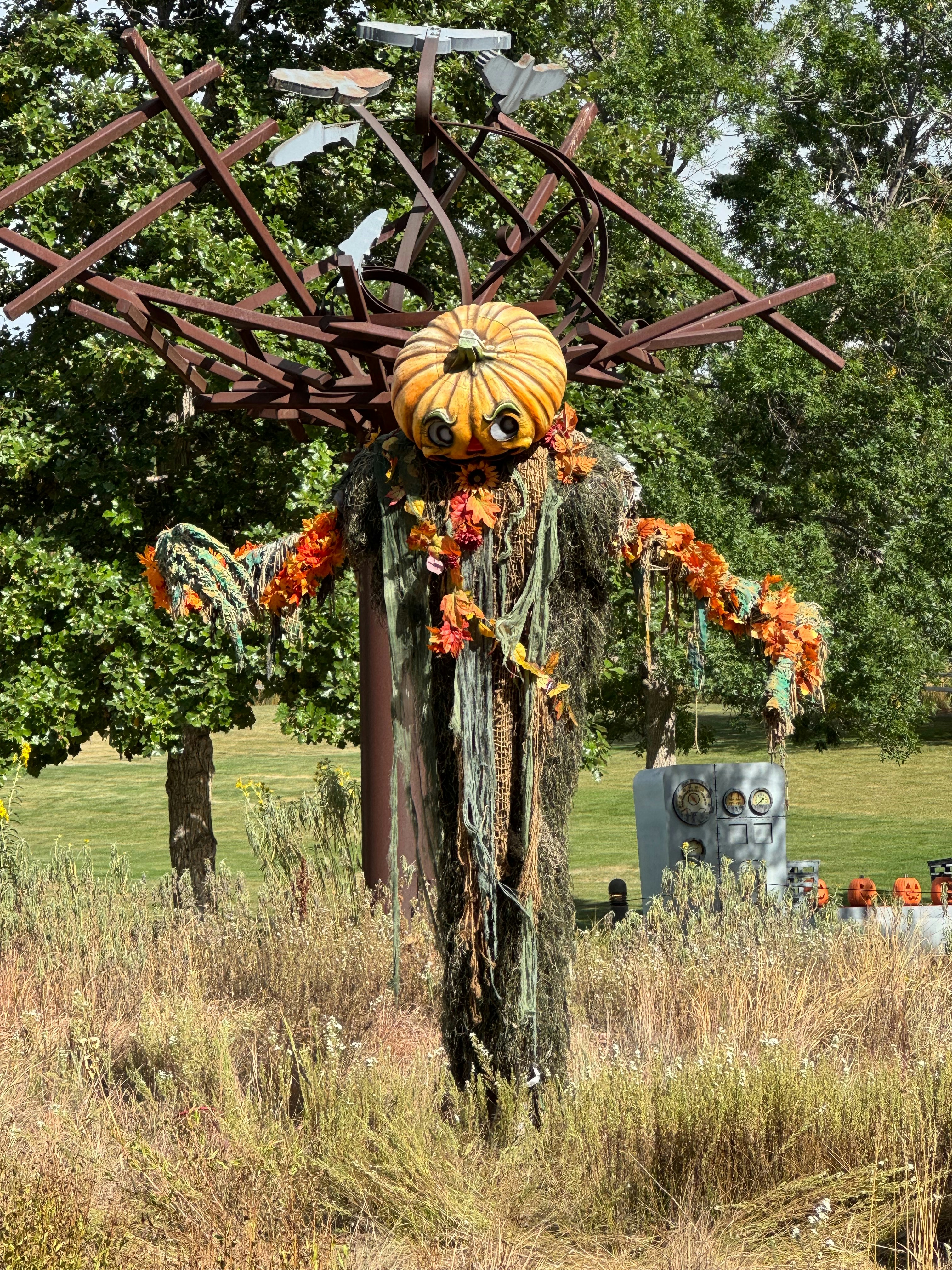 Halloween | A scarecrow with a pumpkin head in a field.