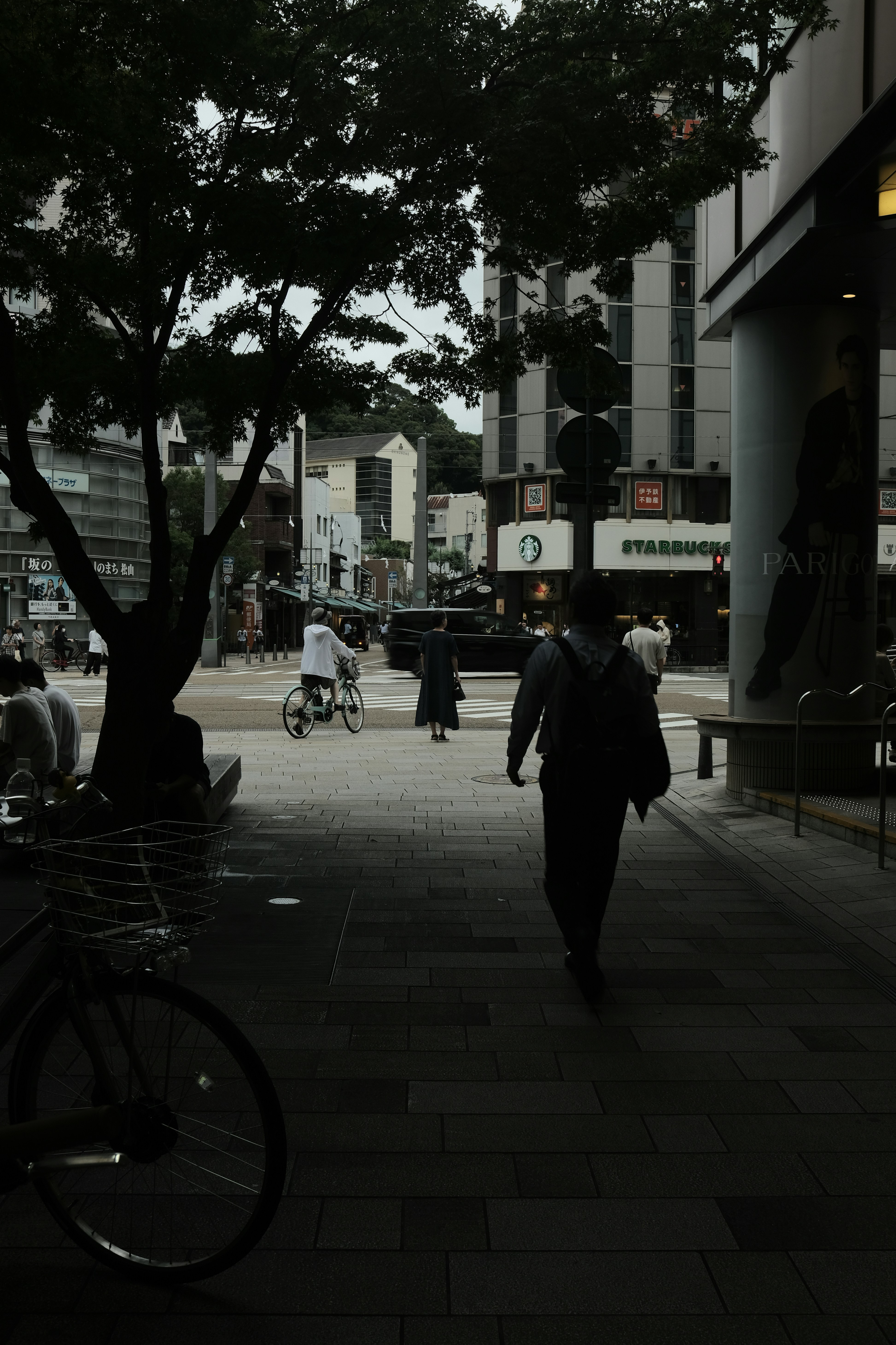 A cyclist glides through a bustling city street, framed by shadows and storefronts, capturing the essence of urban life.