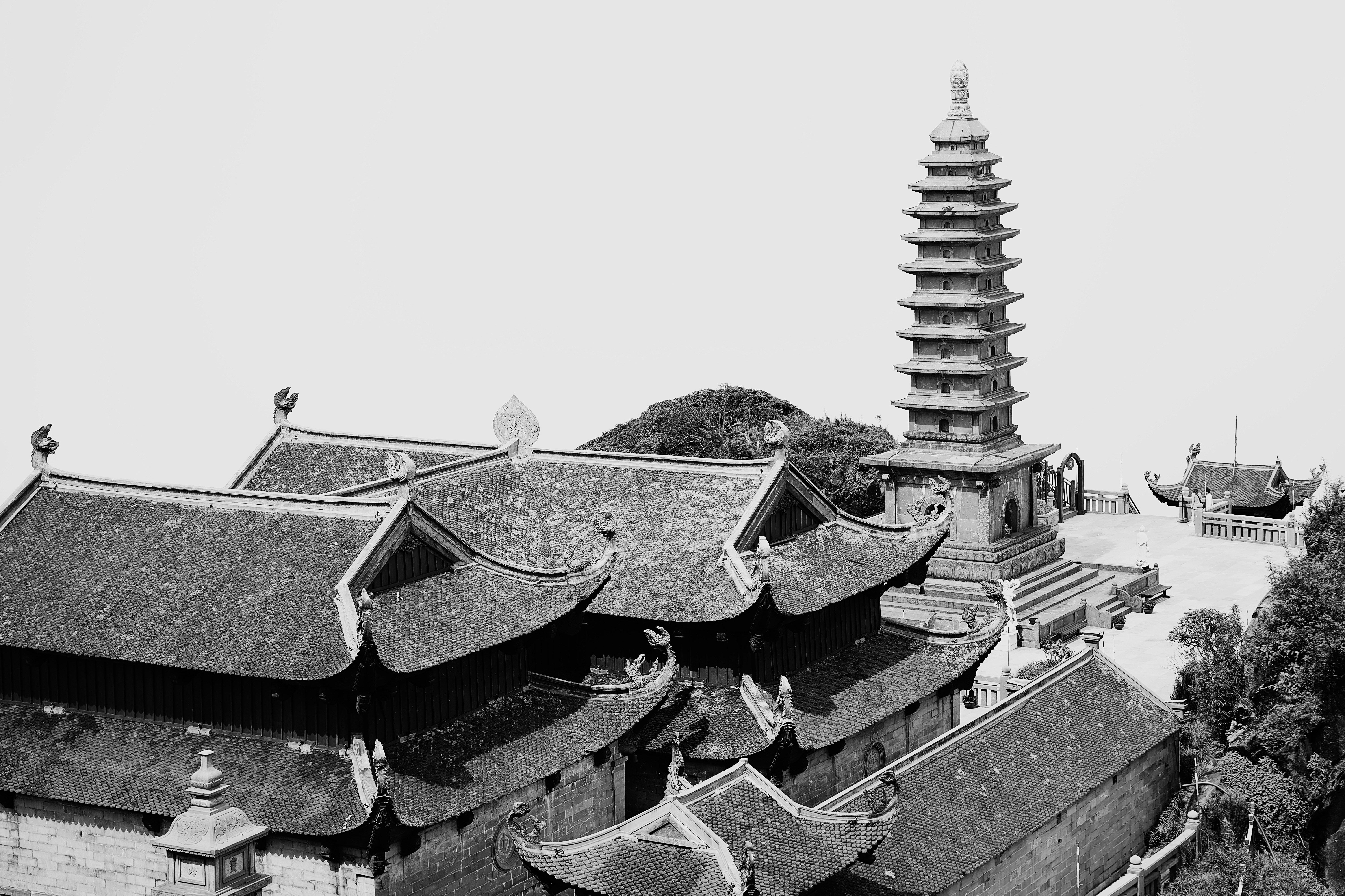 Ancient temple complex with a tall pagoda.
