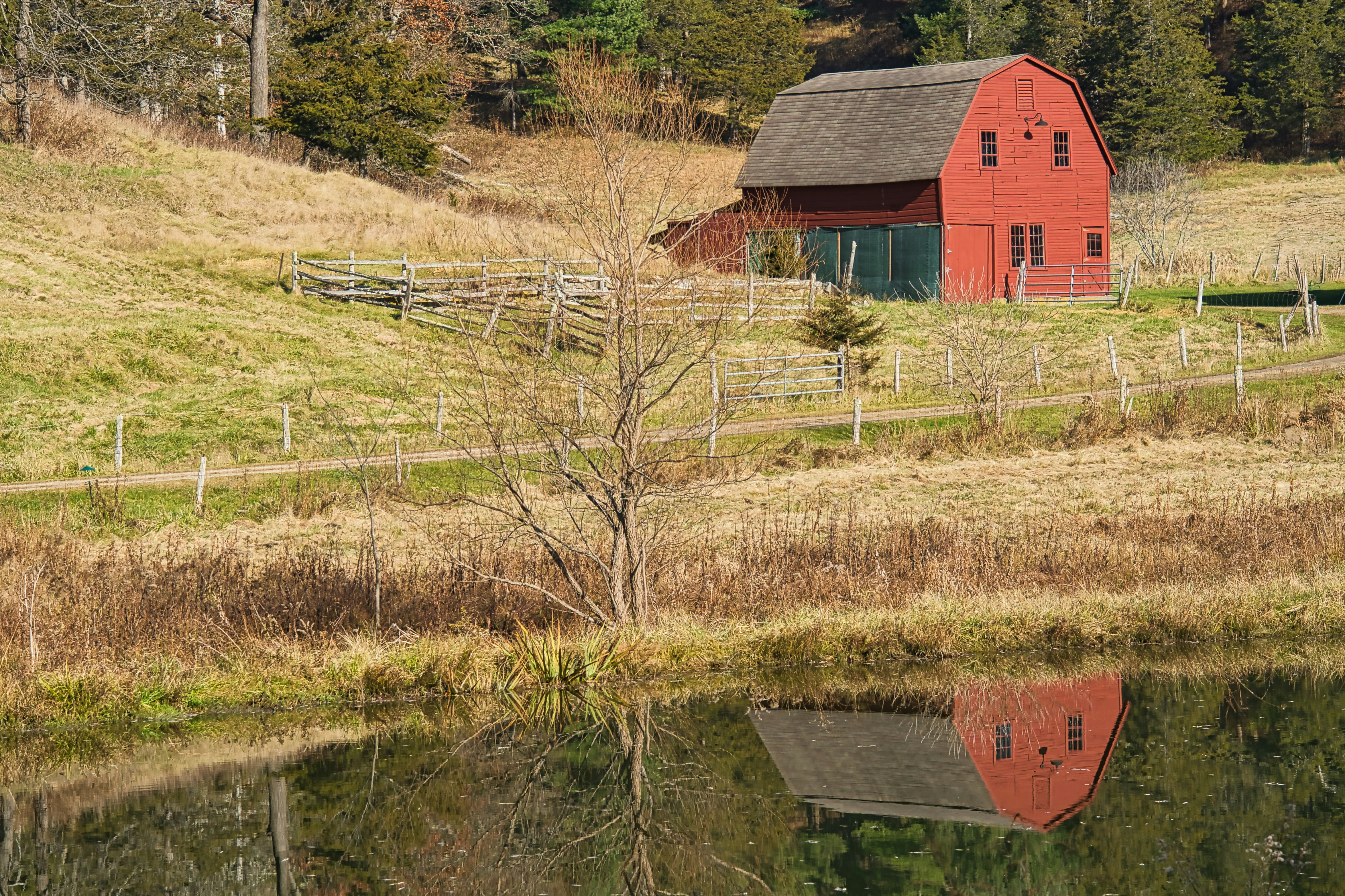 Red barn reflected in calm water on a hill.