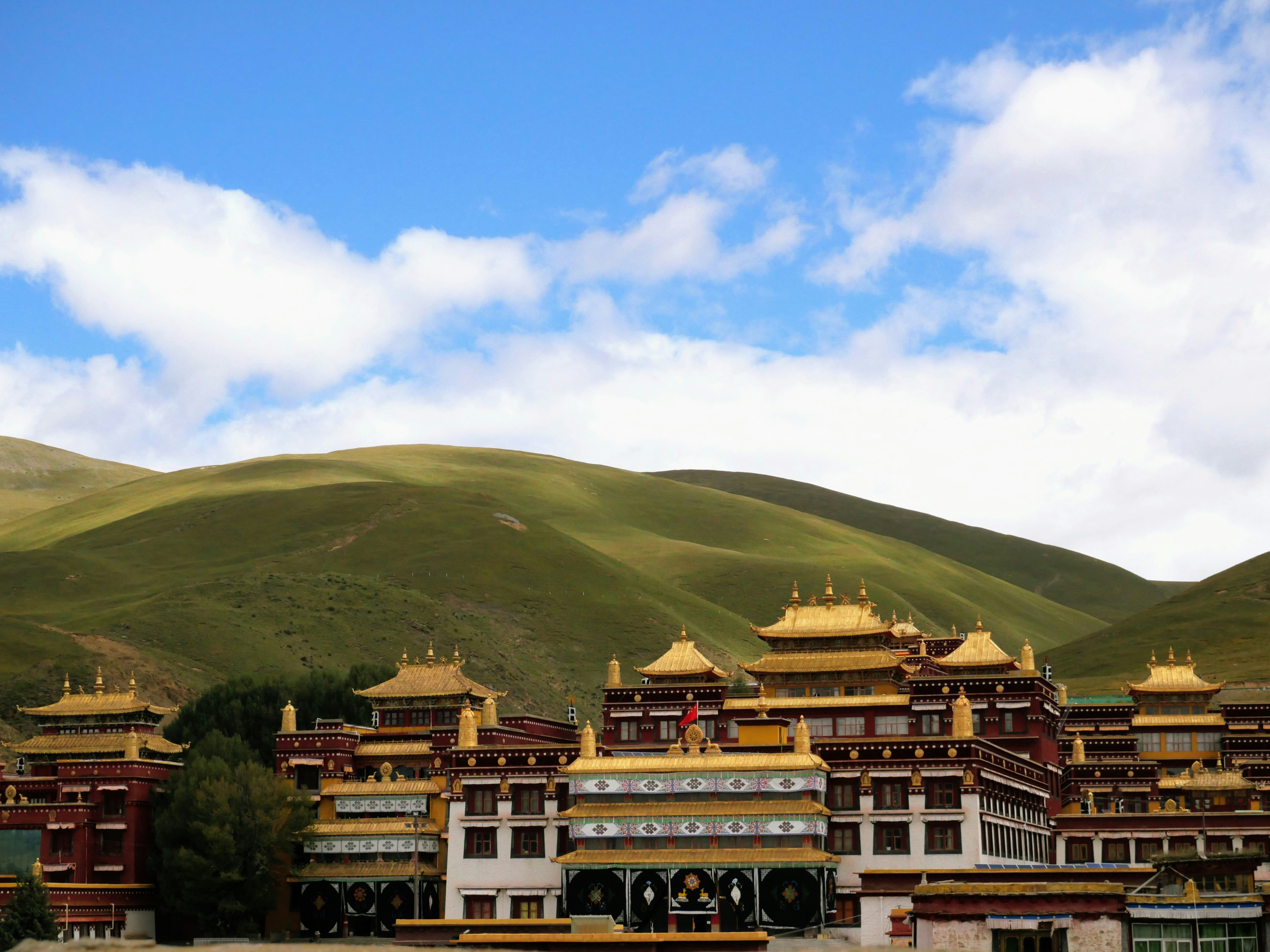 Ganden Thubchen Choekhorling Monastery (Litang Chöde Monastery) in Litang, Garzê Prefecture, Sichuan Province, China. This historic Tibetan Buddhist monastery, founded in 1580 by the Third Dalai Lama, features ornate golden-roofed temples and white buildings nestled against rolling green grassland hills under a bright blue sky with white clouds, exemplifying the architectural beauty of Tibetan Buddhism on the high plateau. | Golden roofed monastery nestled in rolling green hills.