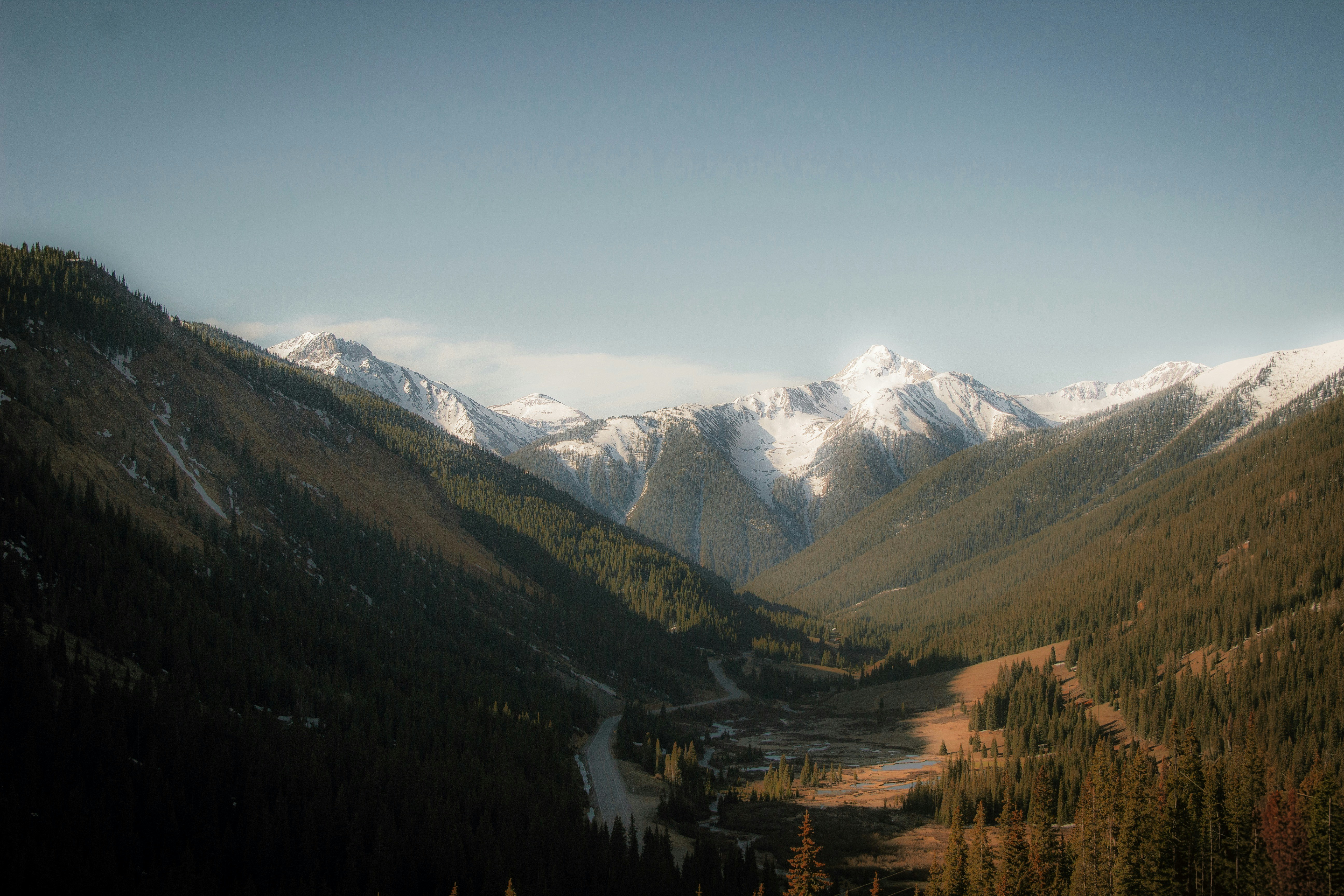 Snow-capped mountains rise above a forested valley.