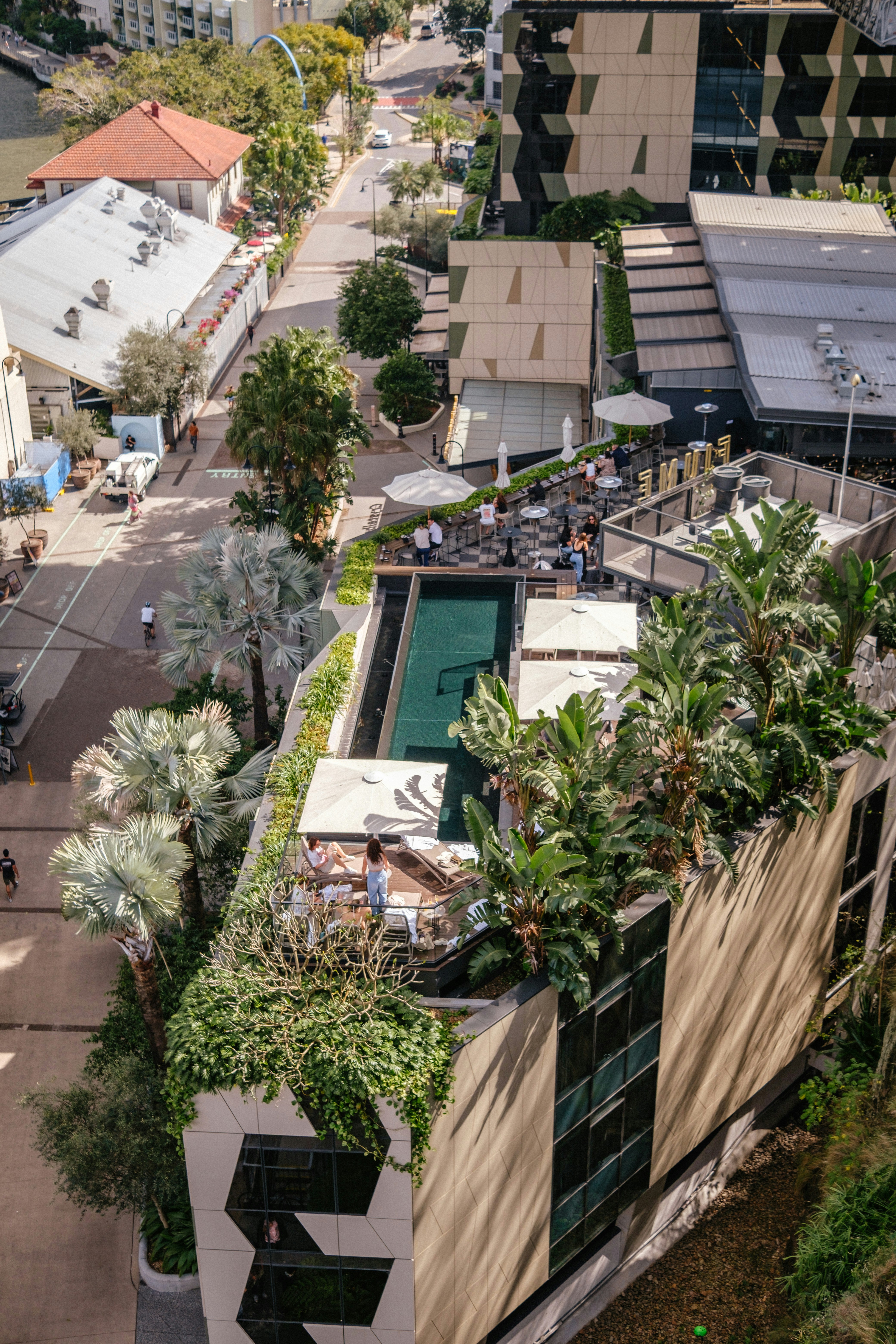 Rooftop pool and lounge area with city view