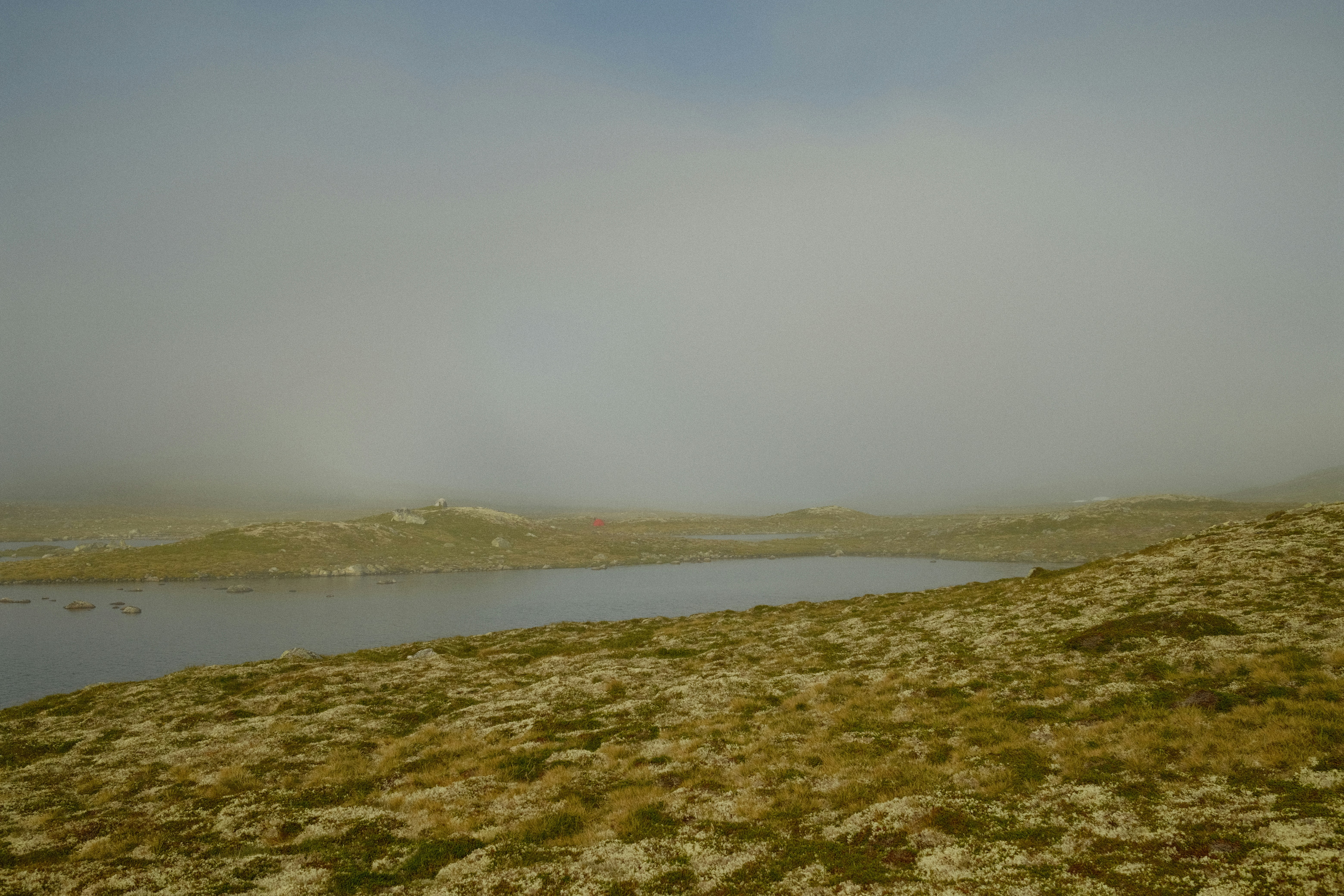 A serene landscape shrouded in fog, revealing a tranquil lake and lush terrain. The scene evokes a sense of mystery and calm.