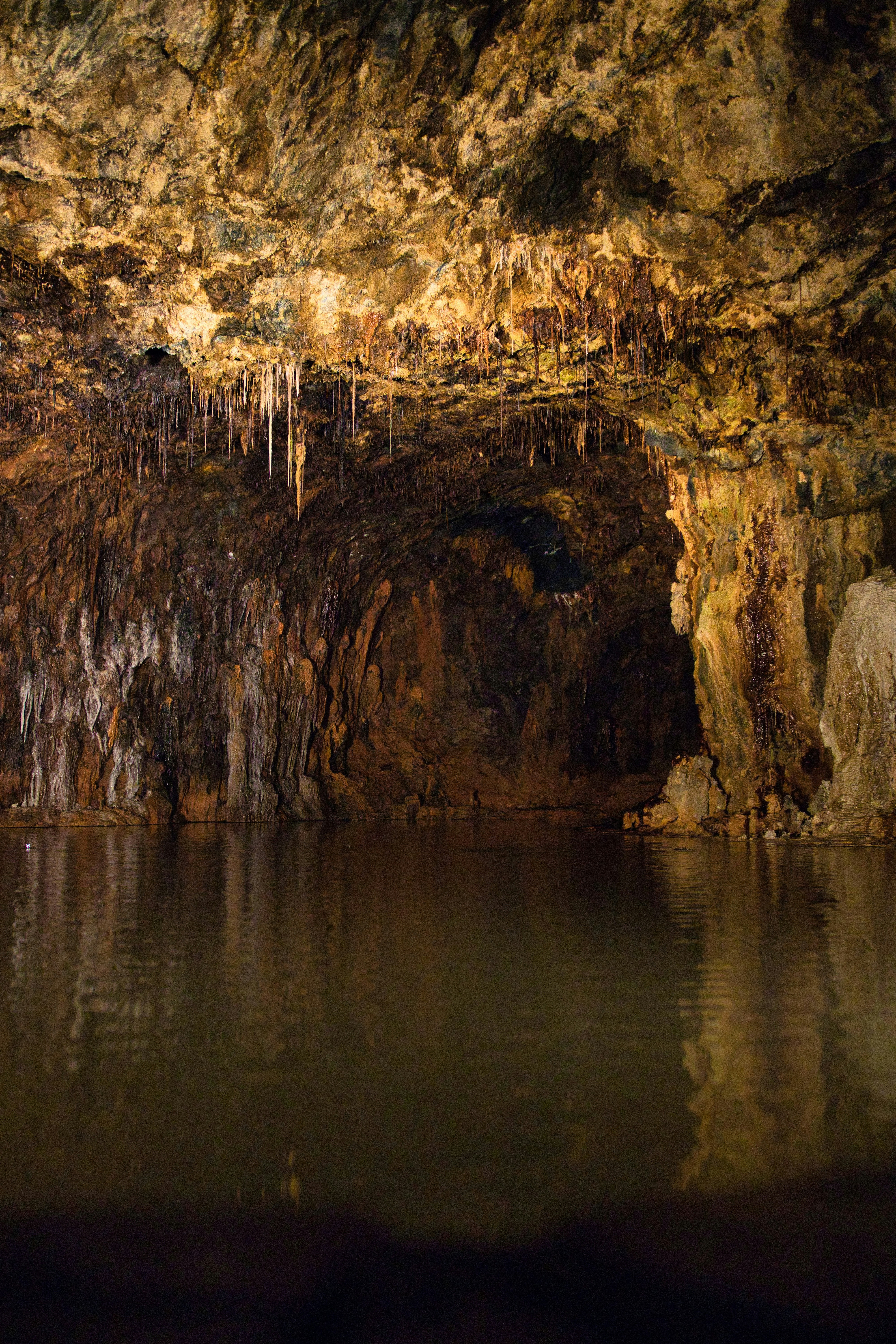 Stalactite Veil Over a Quiet Cave Pool