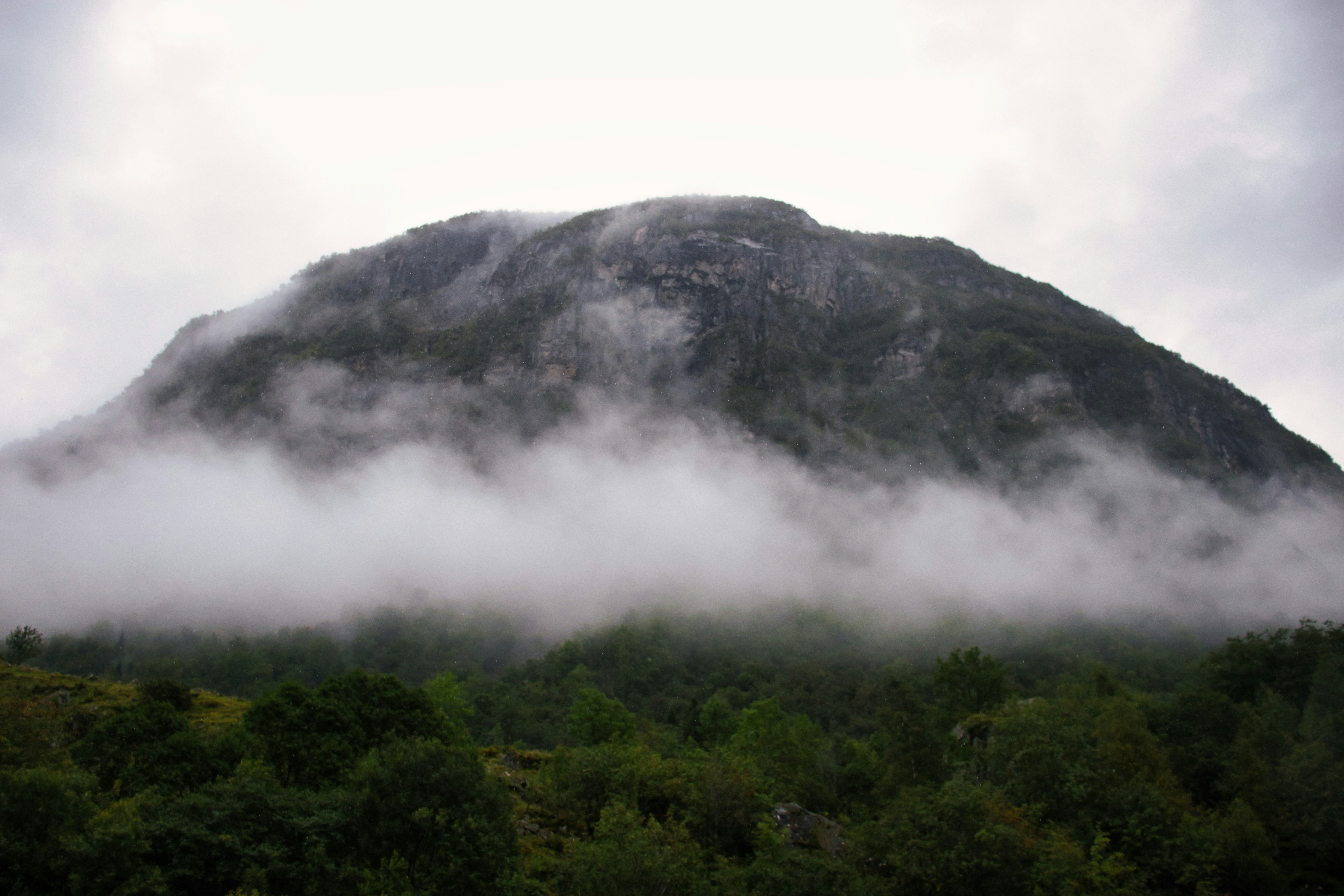 A towering mountain shrouded in mist, surrounded by lush greenery, creating a mysterious atmosphere.