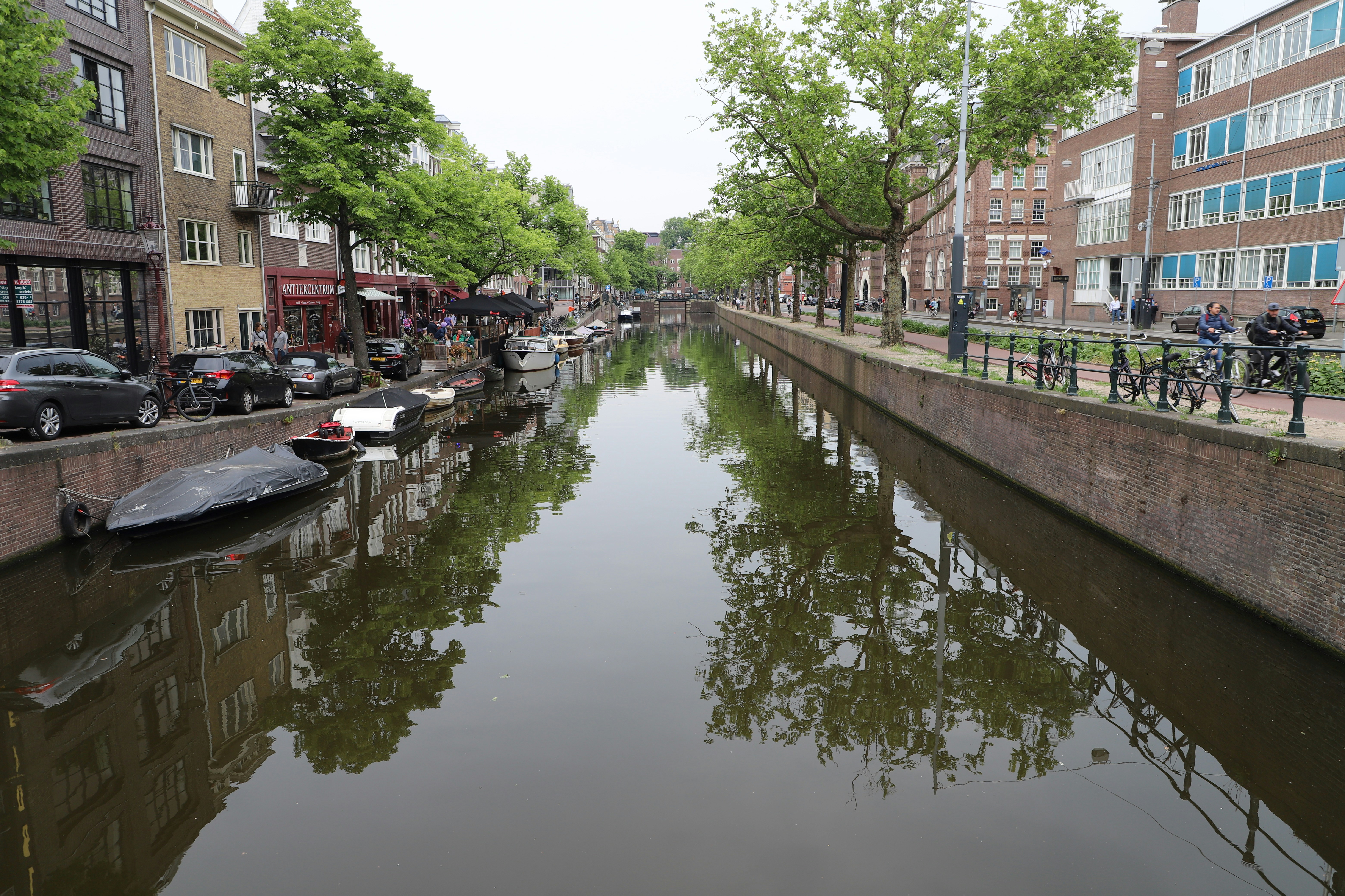 Canal scene featuring boats and lush trees lining the banks, reflecting beautifully on the still water. A glimpse into the tranquil life of the city.