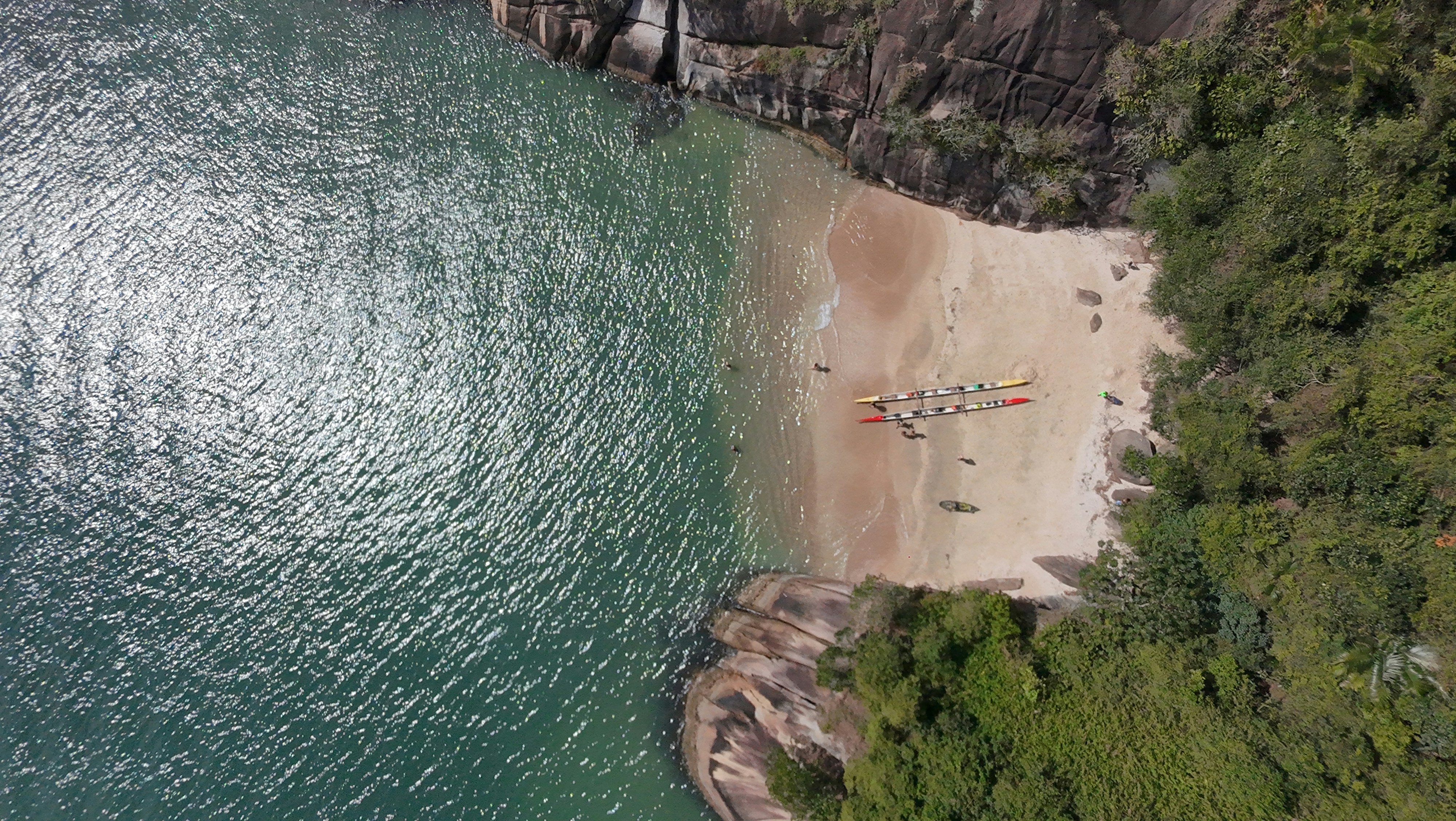Kayaks lined up on a sandy beach next to jungle.