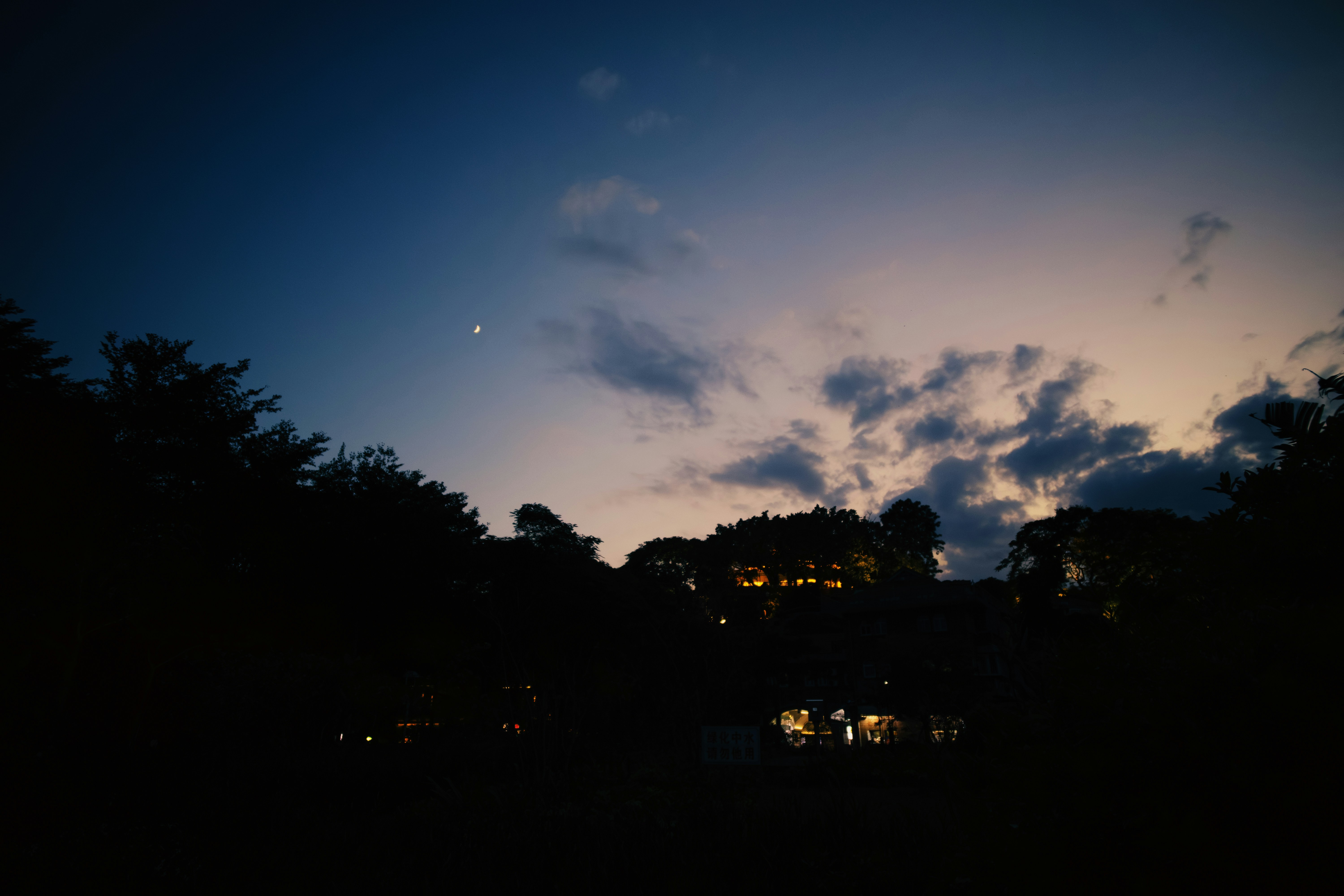 Dusk sky over silhouetted trees and distant lights.