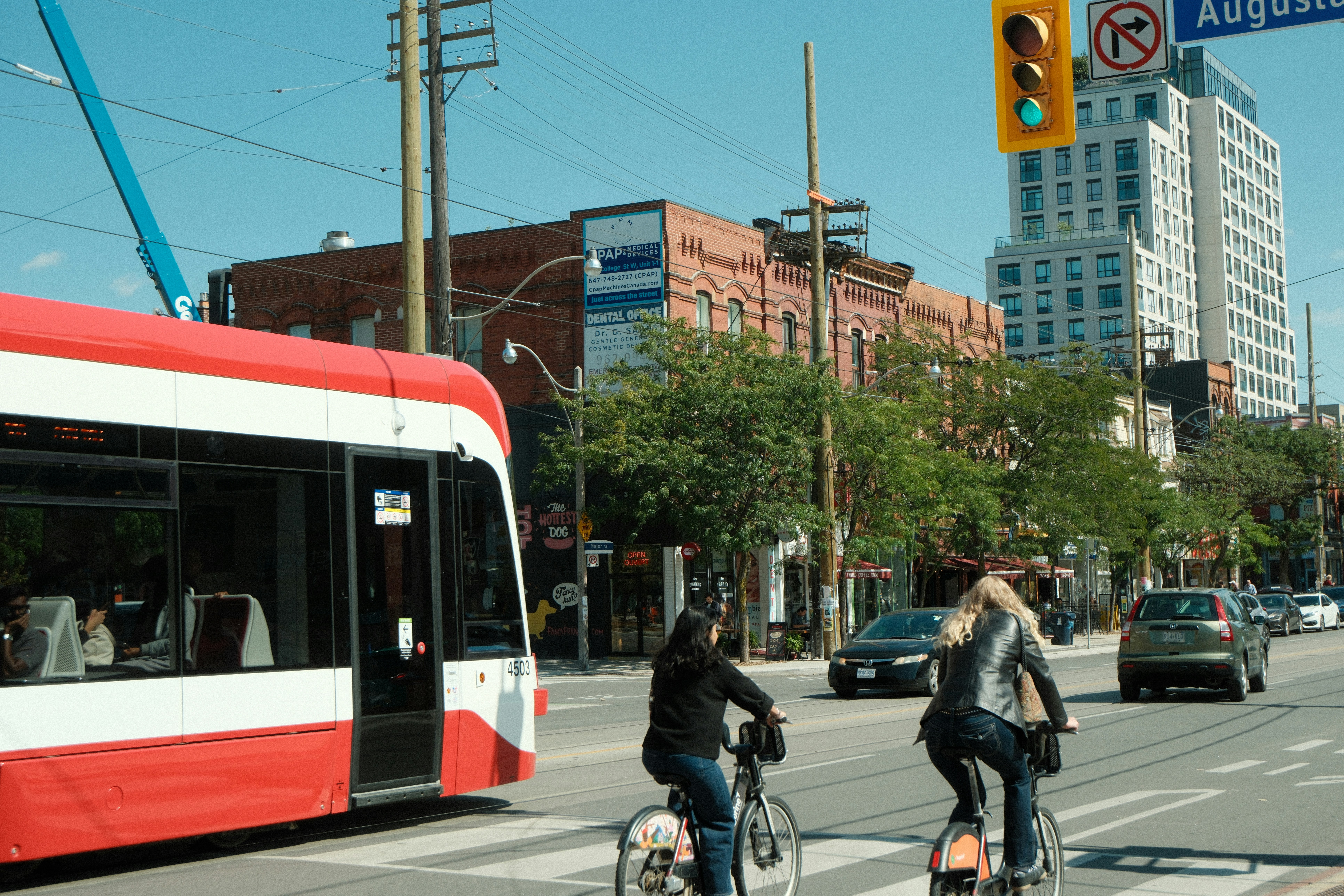 Streetcar and cyclists on a city street