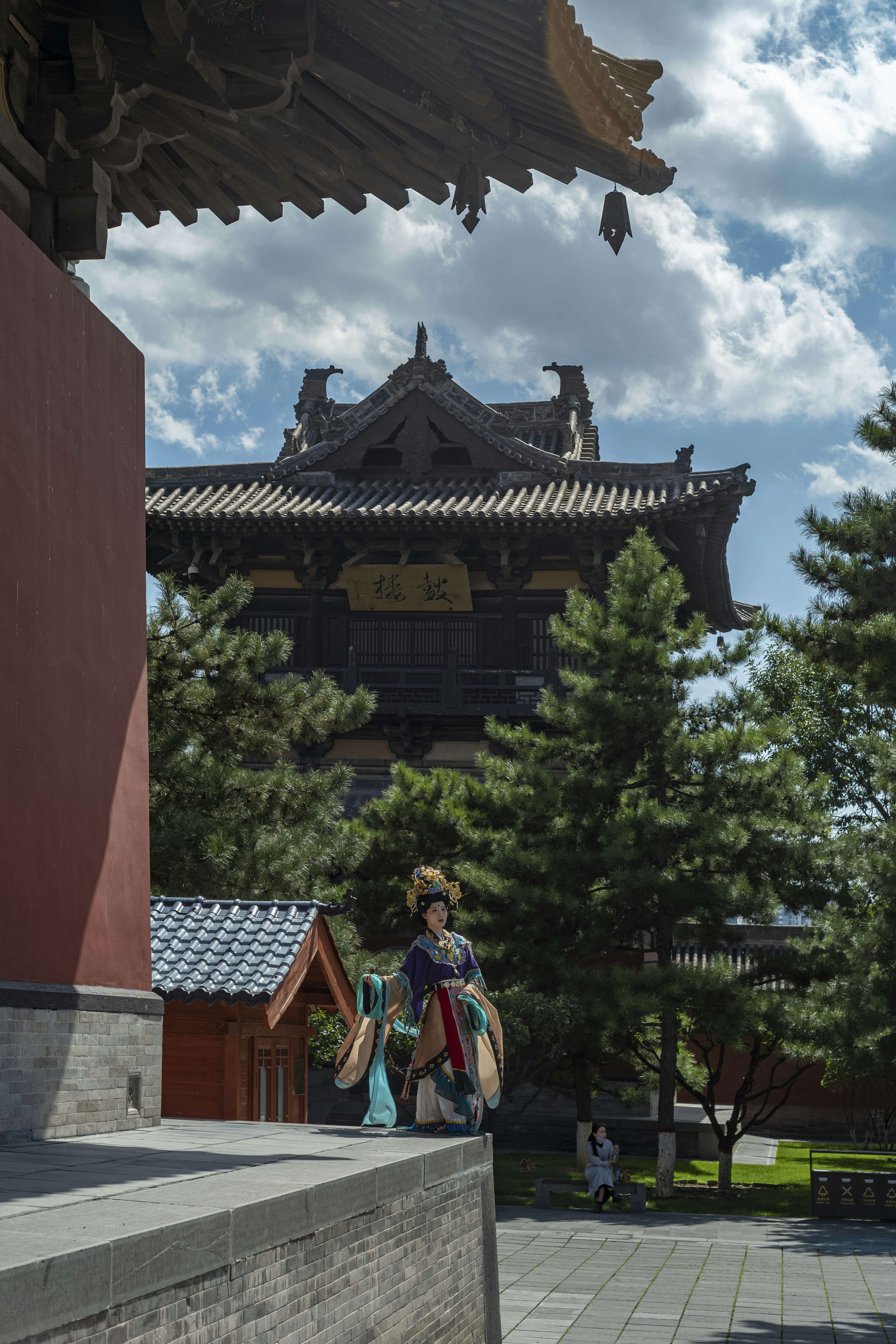 Ceremonial Attire Beneath the Temple Eaves: A Quiet Scene of Color
