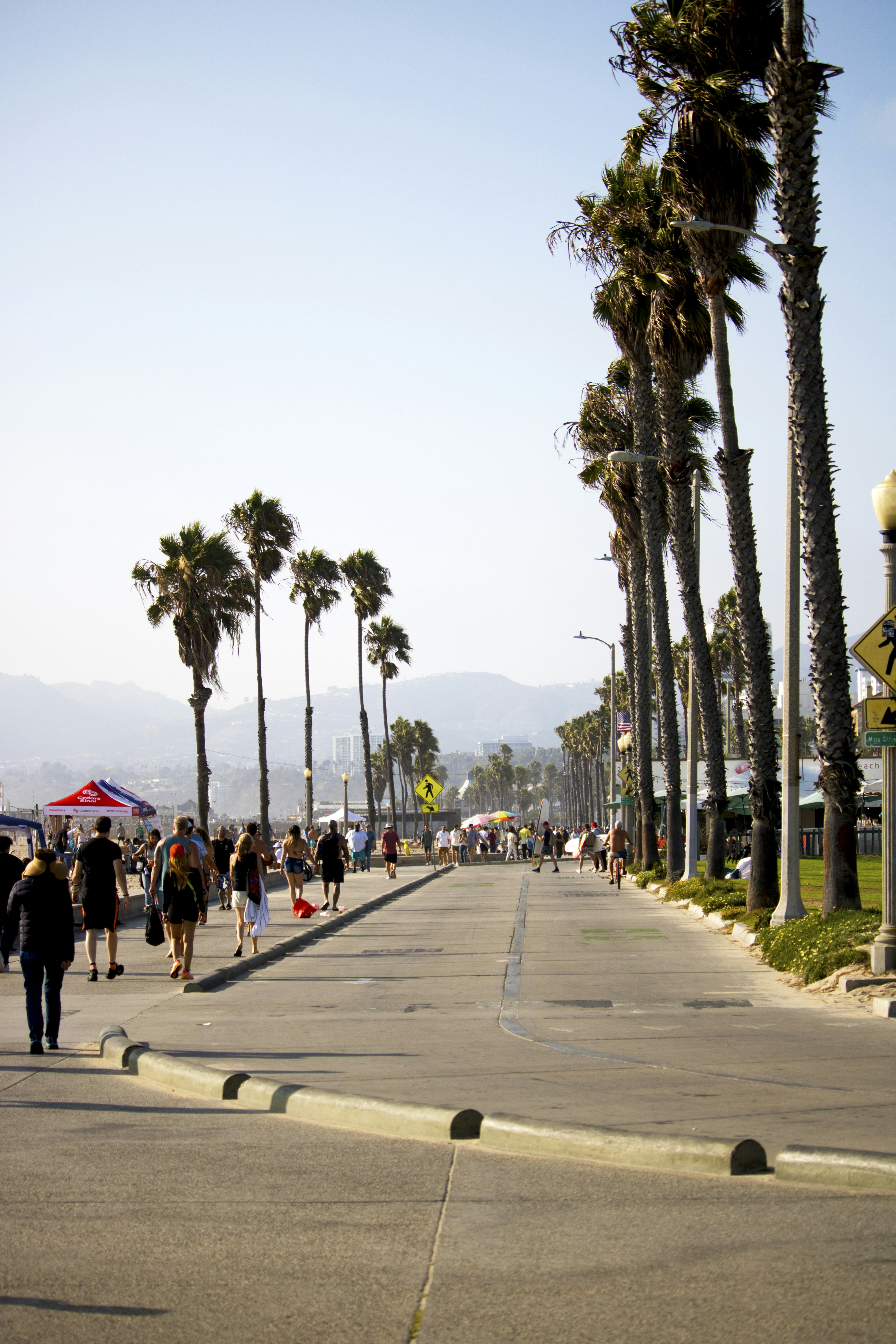 People stroll along a palm-lined street near the beach.