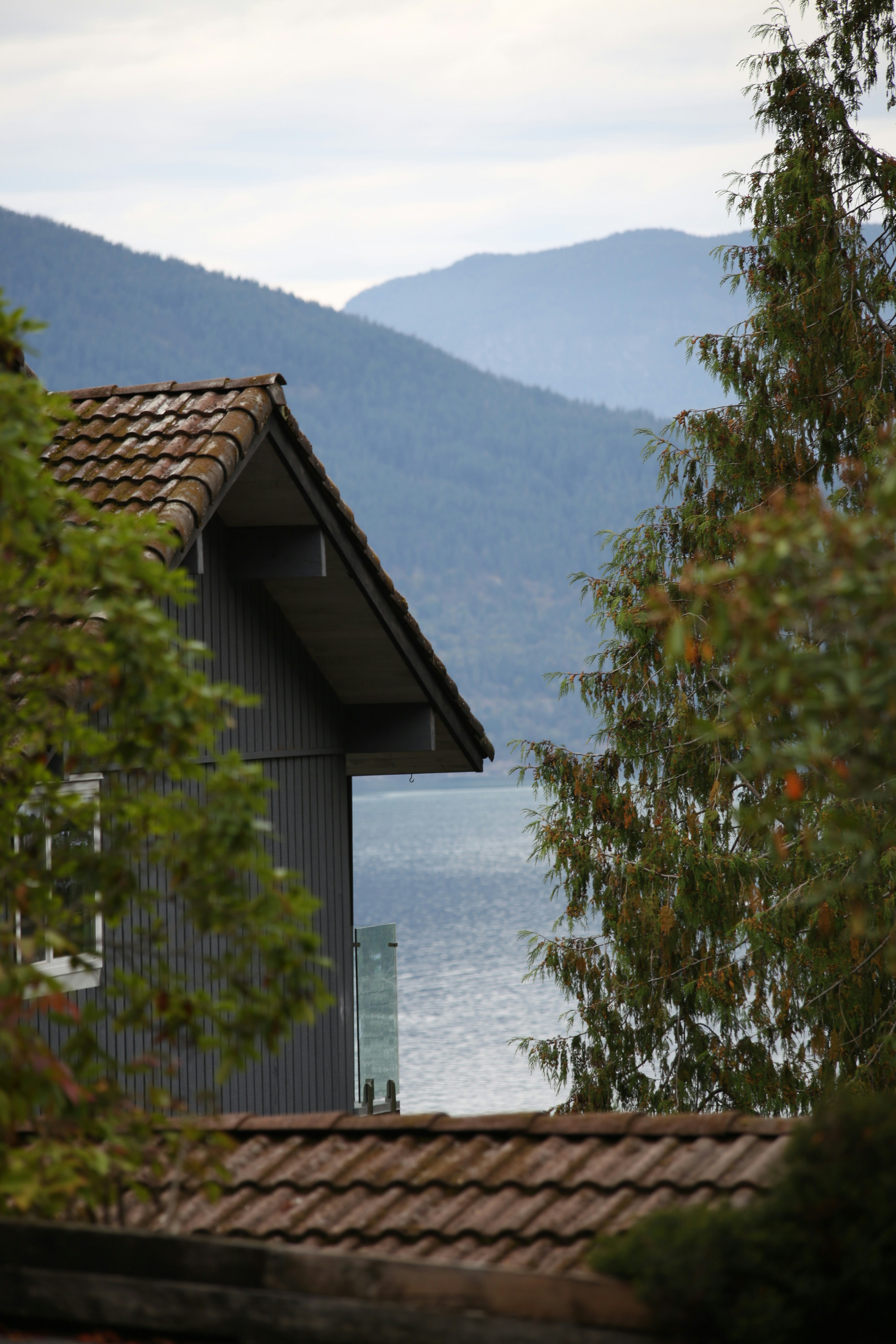 A tranquil view of a lakeside home framed by lush greenery, with mountains softly rising in the background. The calm water reflects the beauty of the surrounding landscape.