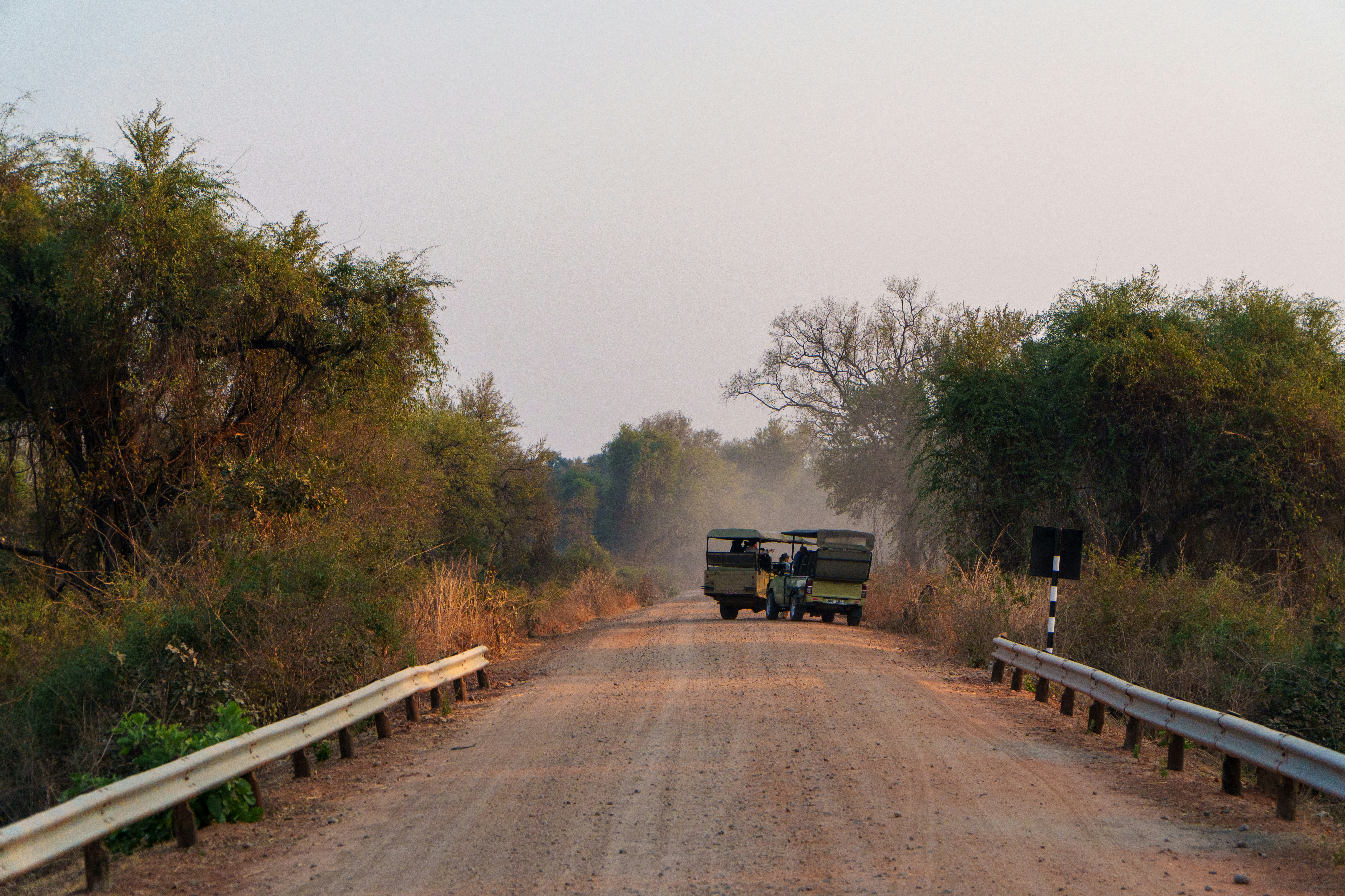 Safari vehicles look at a view at golden hour. | Two vehicles drive on a dusty dirt road.