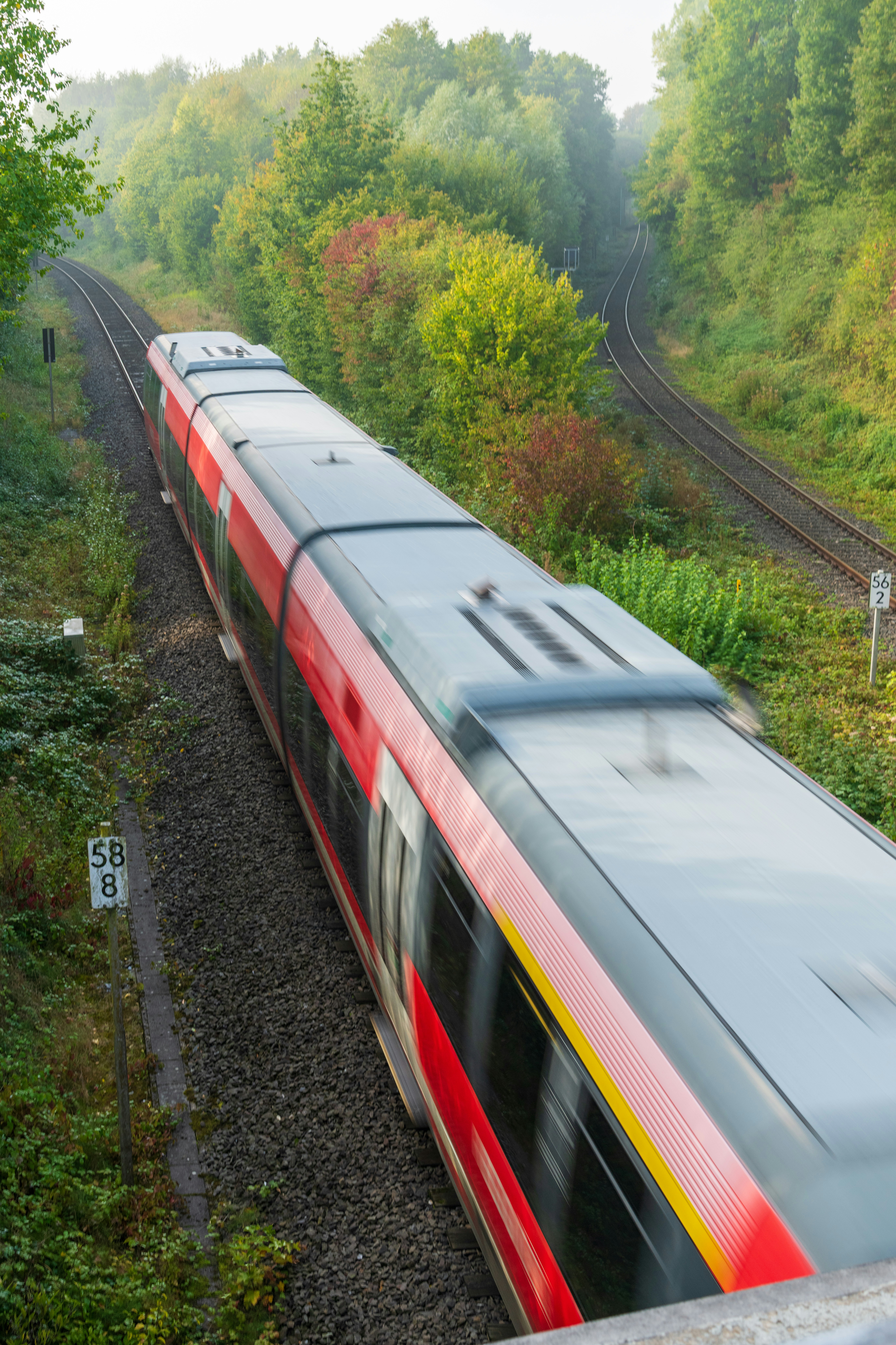 A red and silver train speeding along tracks through trees.