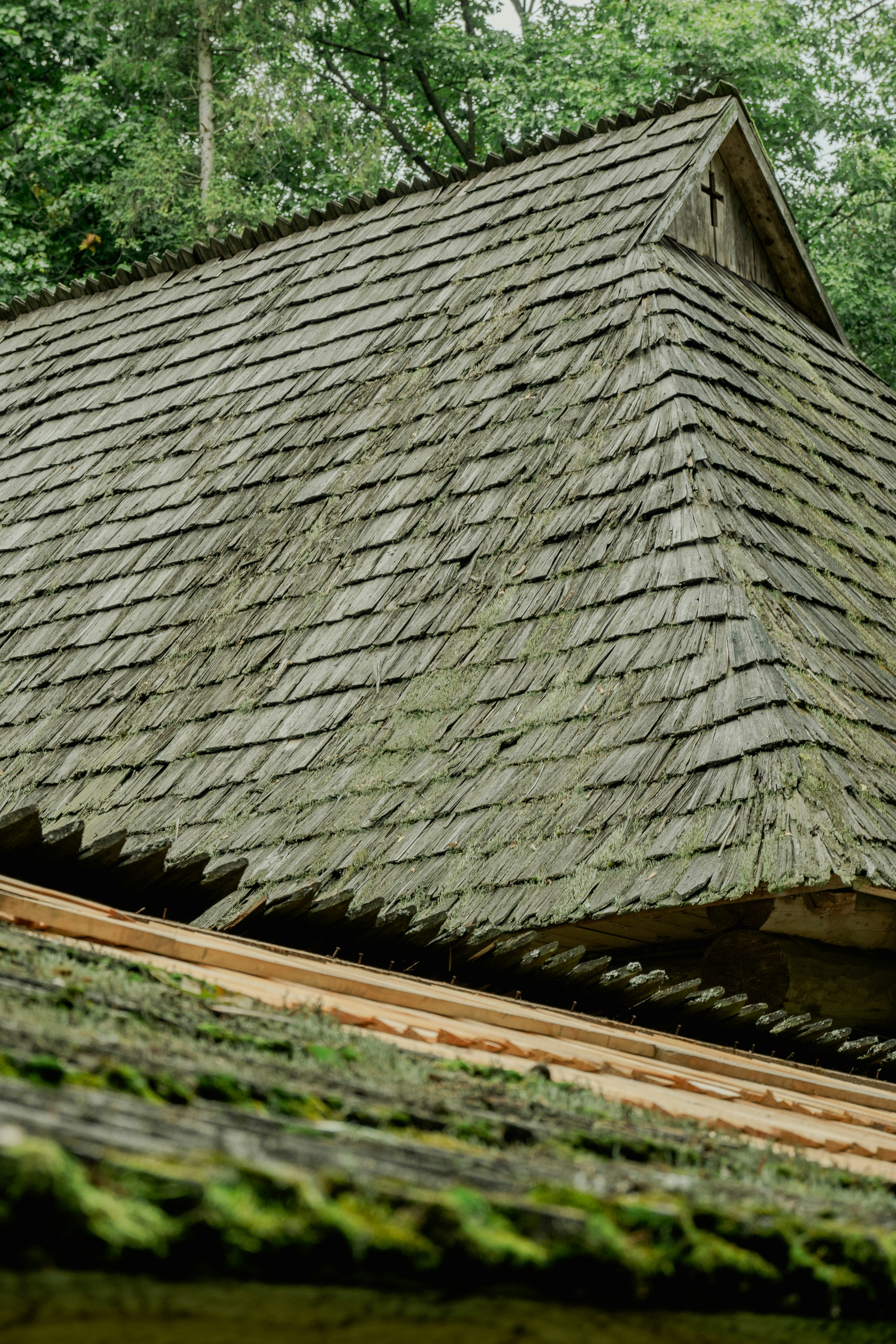Weathered wooden roof with moss-covered shingles and a small cross at the peak, nestled among lush greenery.