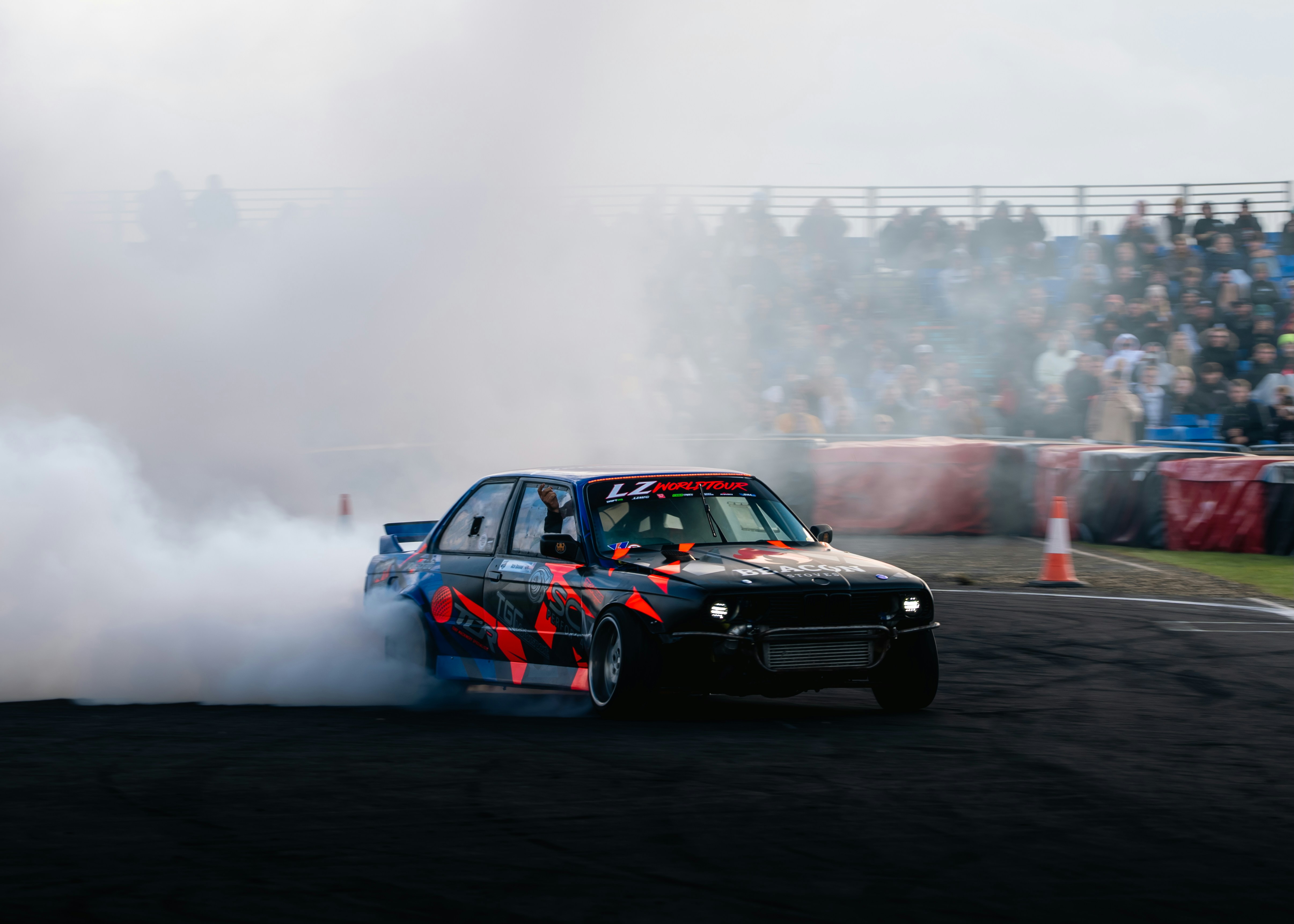 Blue-and-Red Drift Car Obliterates Smoke at the Line