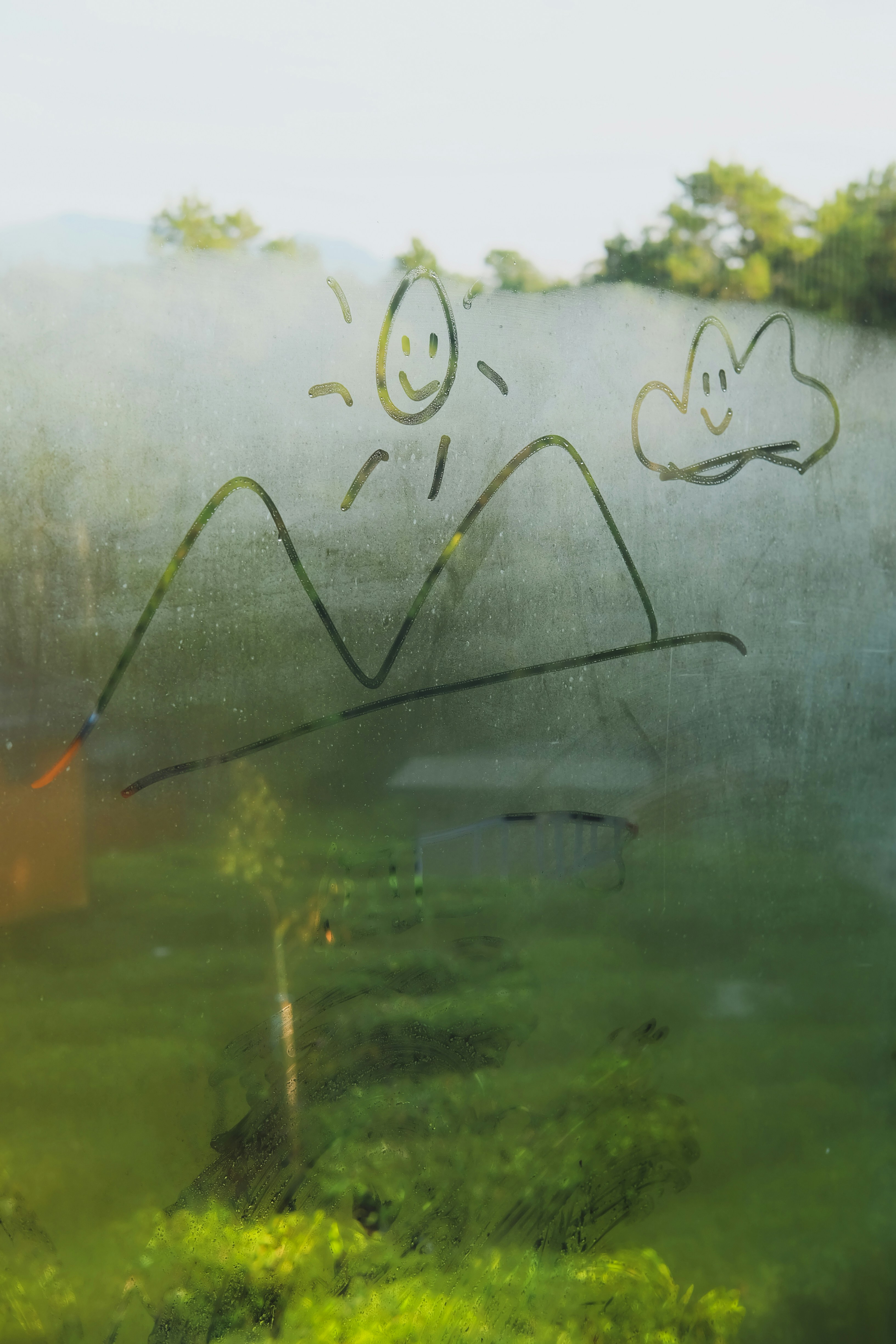 Child's drawing of sun, cloud, and mountains on glass