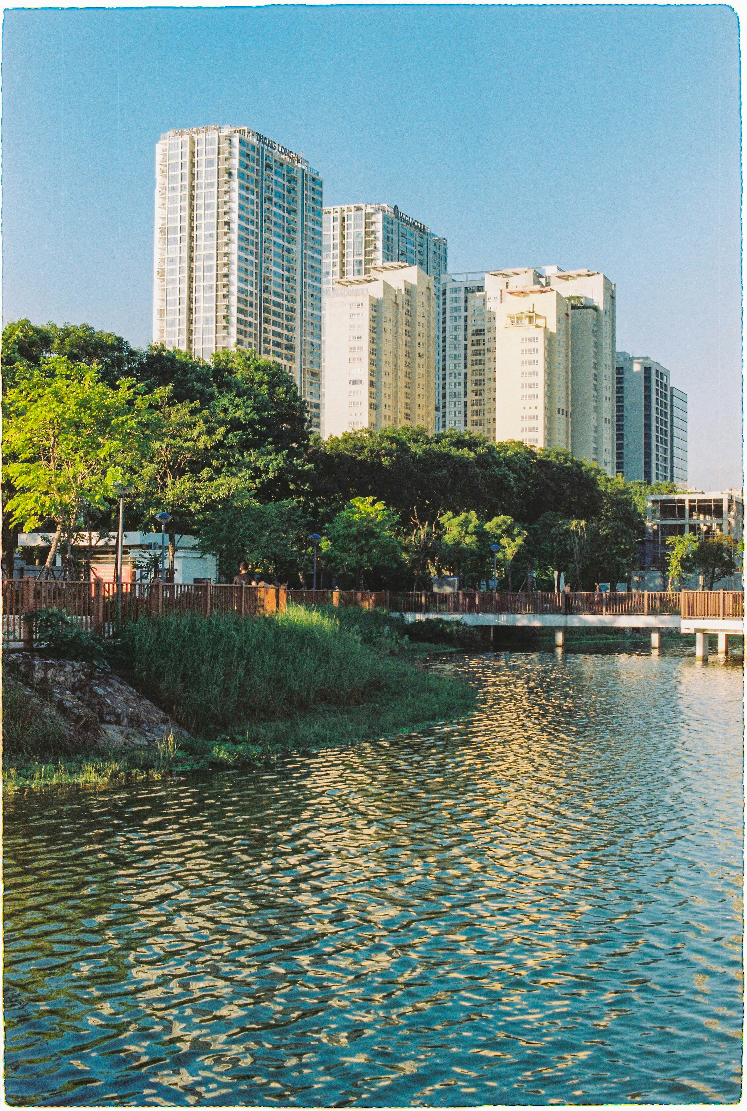 Tall apartment buildings overlook a tranquil lake.