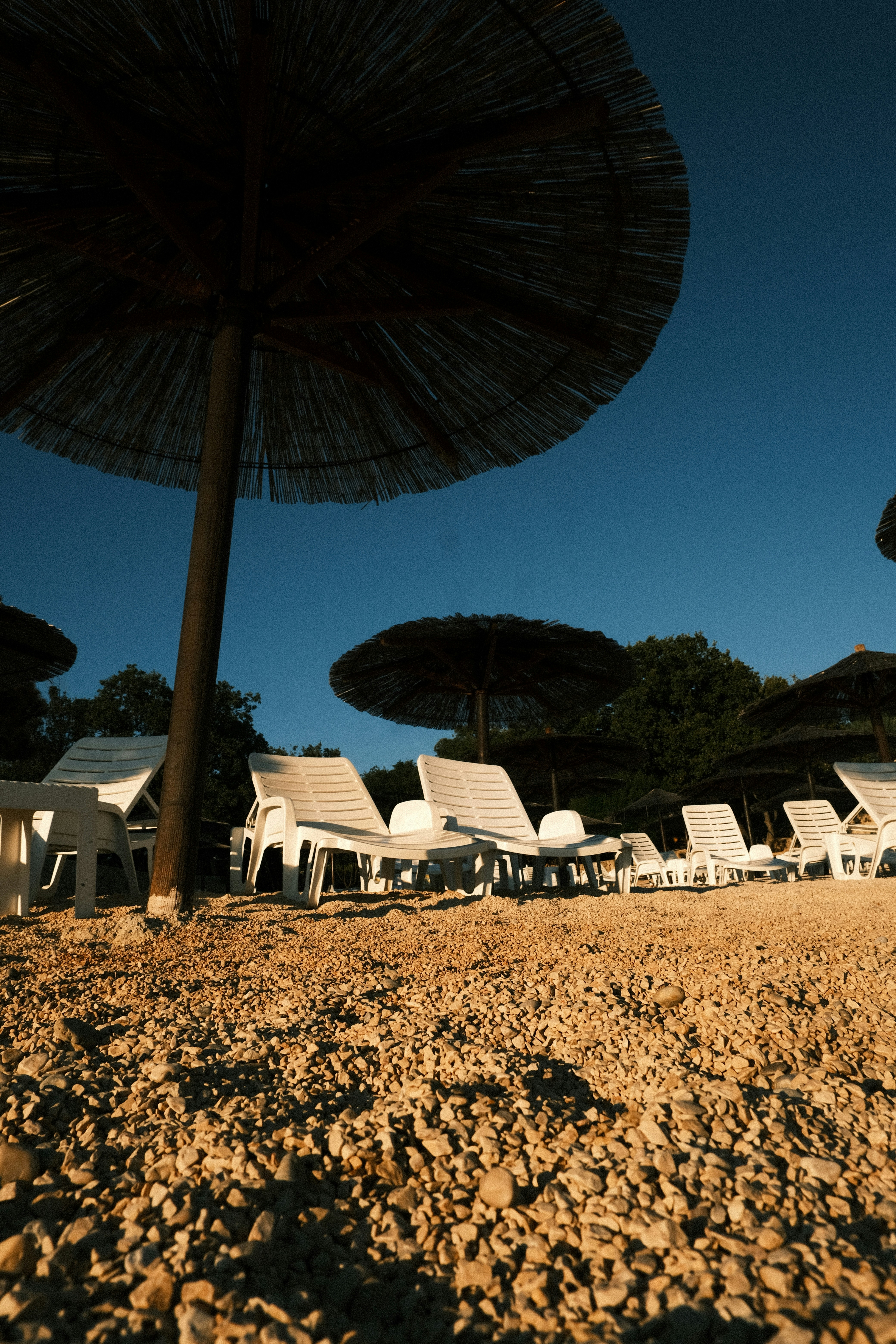 Beach loungers arranged under thatched umbrellas on a sandy shore, casting long shadows in the golden hour light.