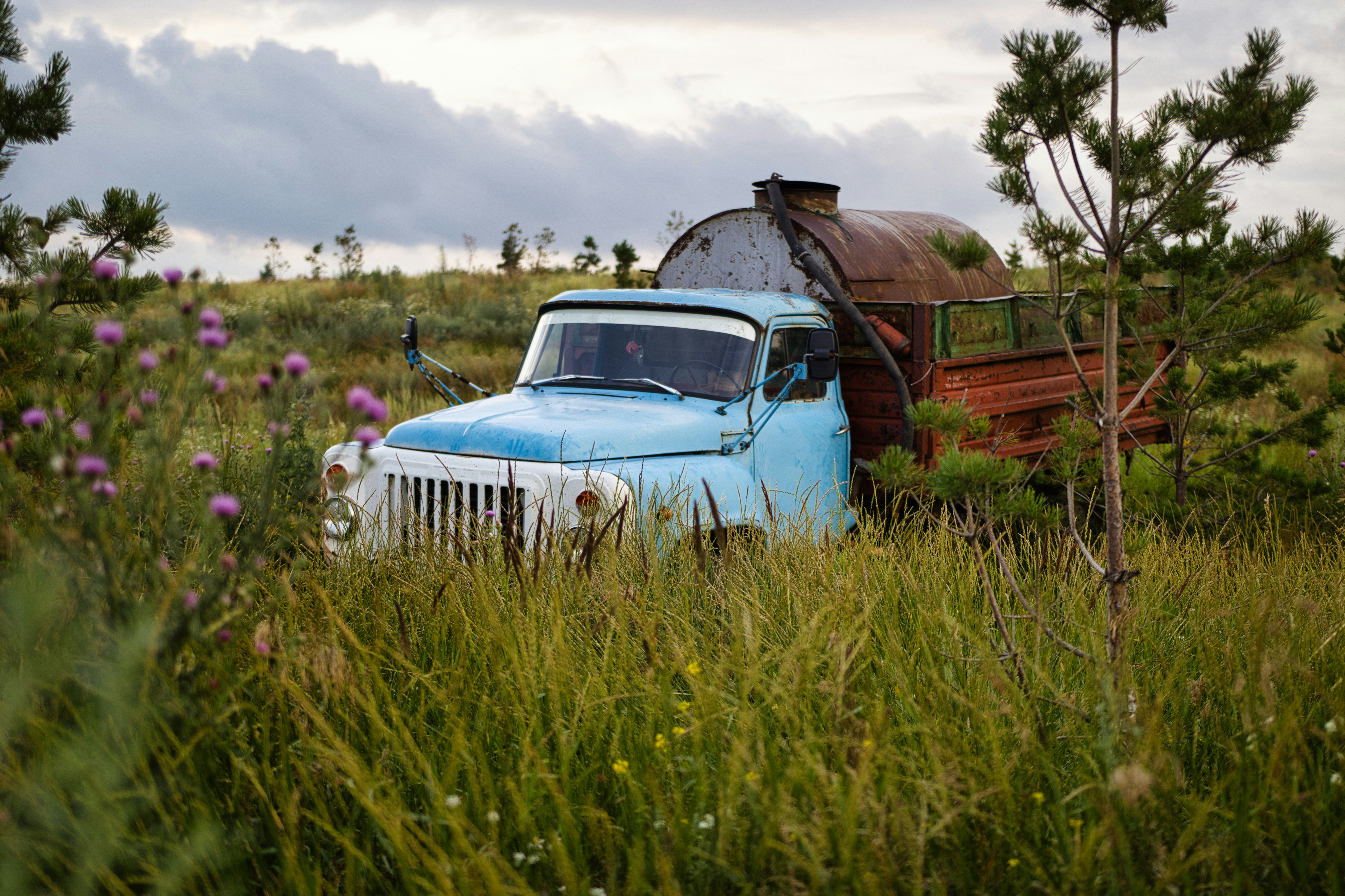Old blue truck with water tank in overgrown field.