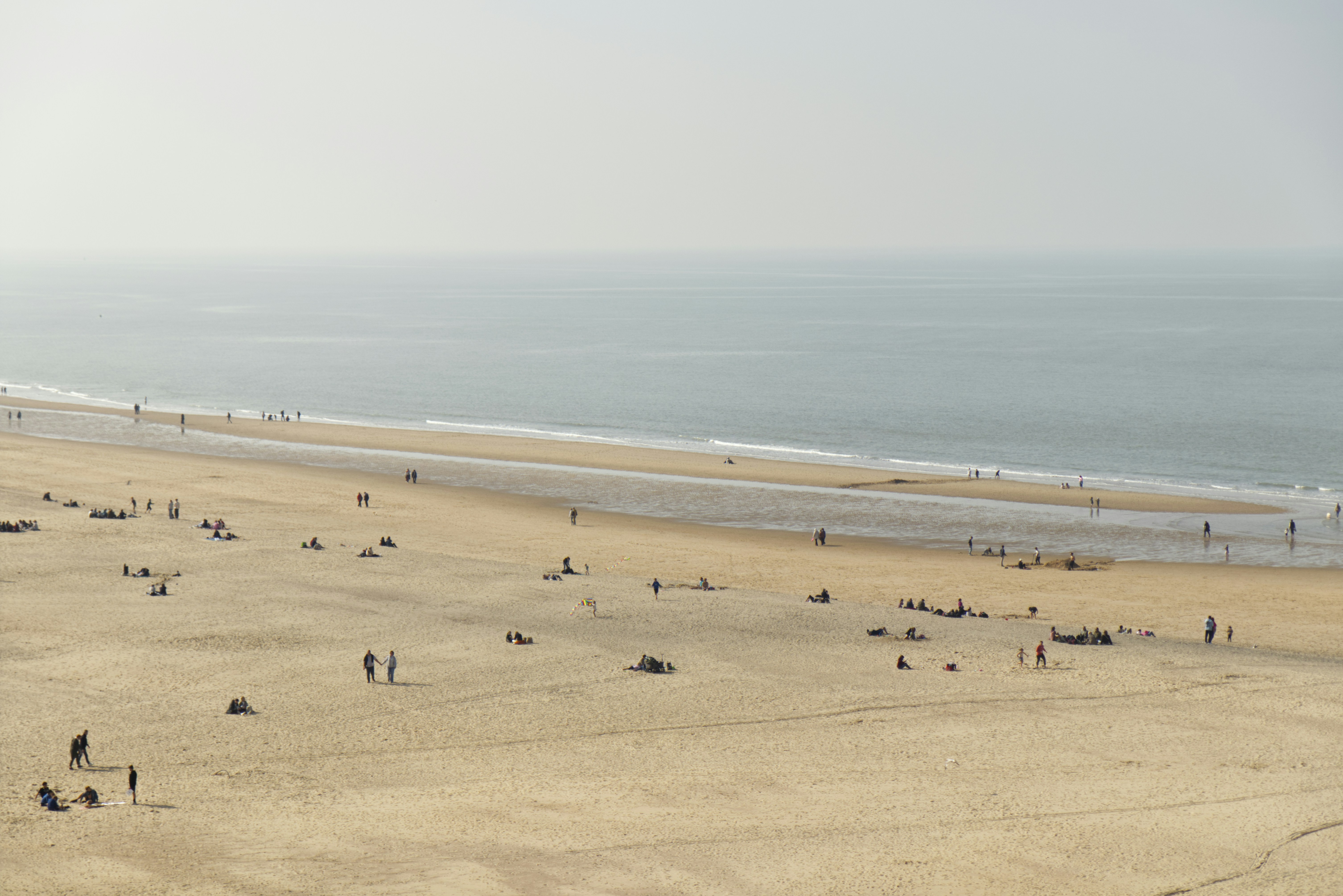 People relaxing on a wide sandy beach by the ocean.