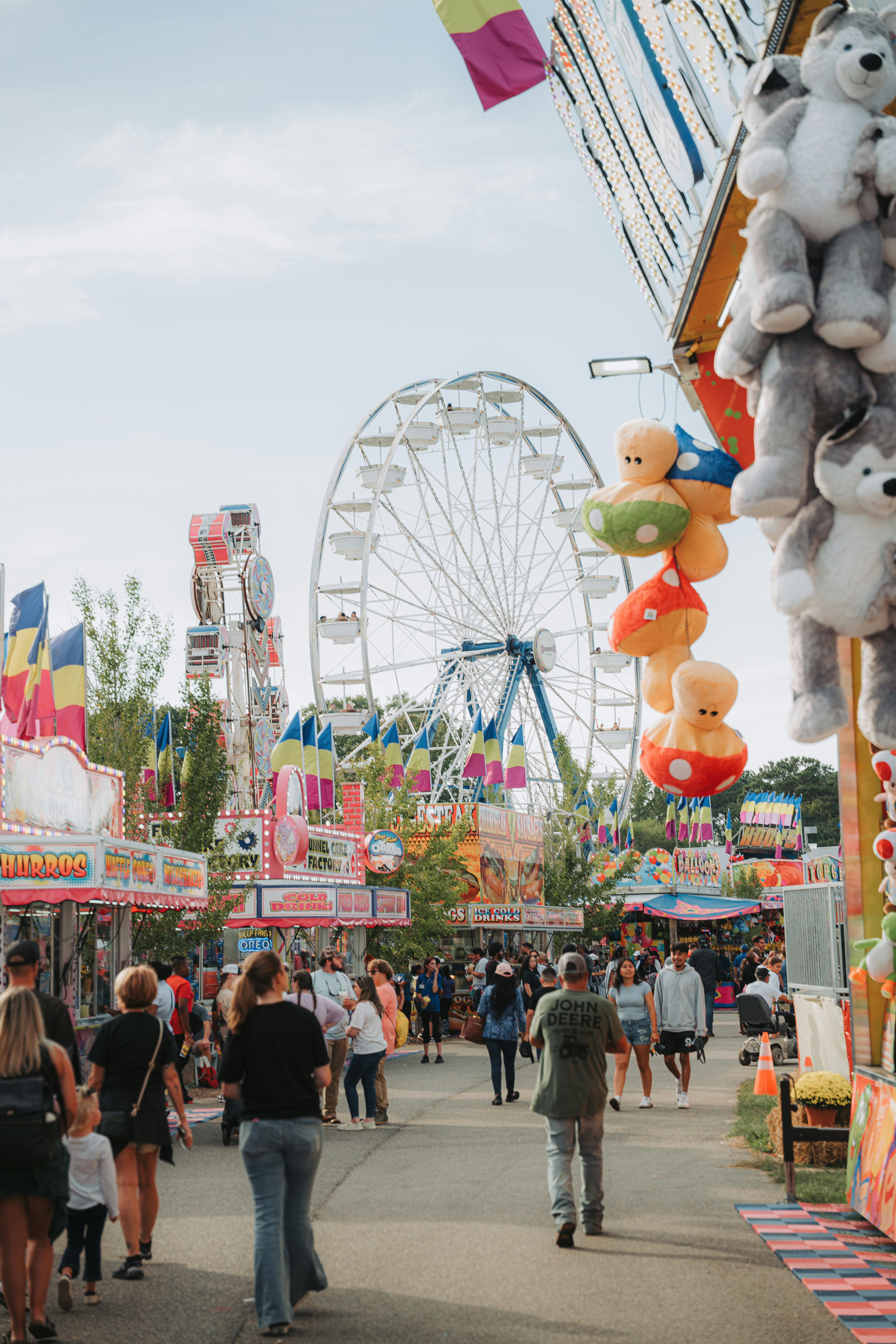Vibrant carnival scene bustling with visitors, colorful stalls, and a towering Ferris wheel in the background.