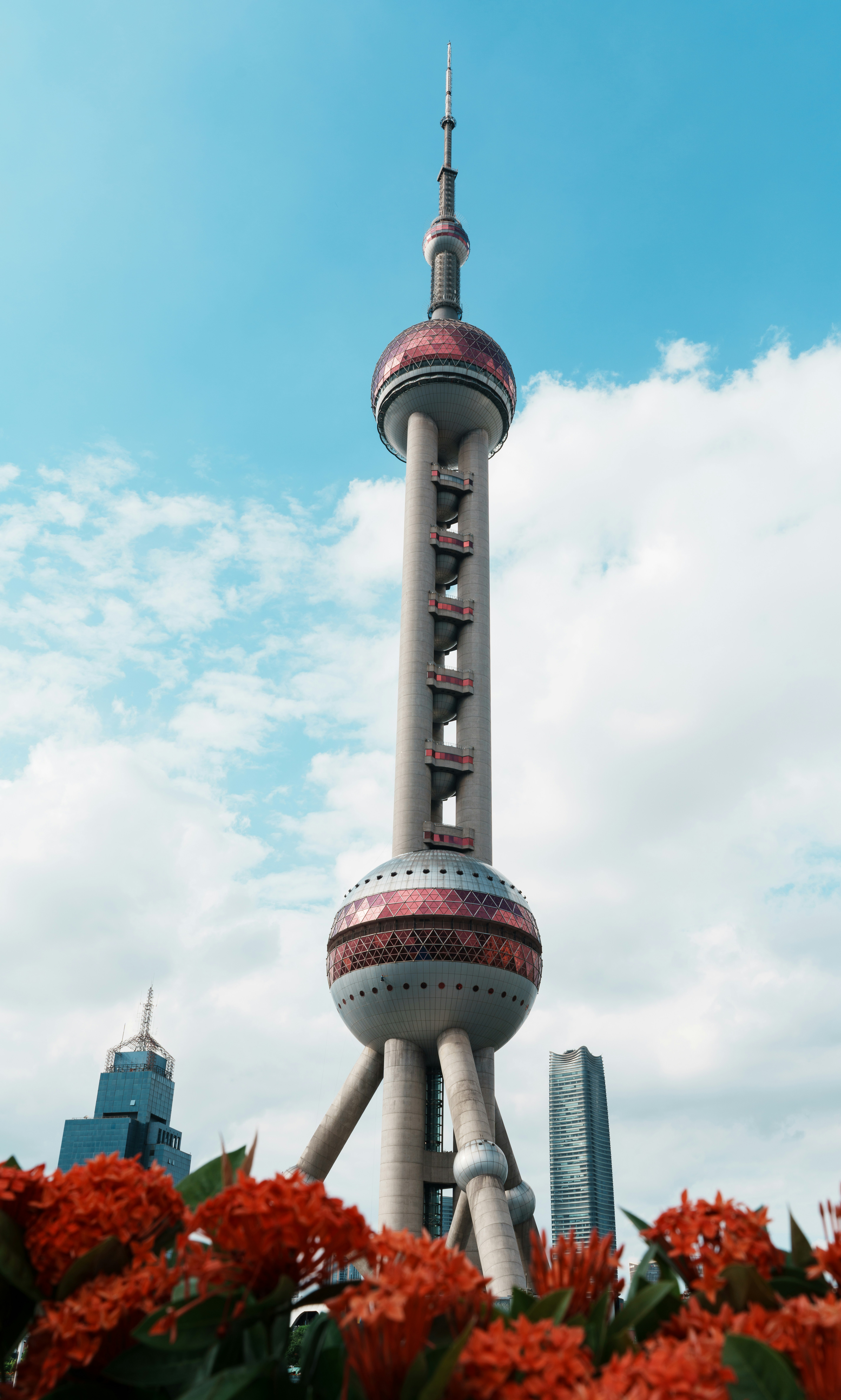 Oriental pearl tower with red flowers and blue sky