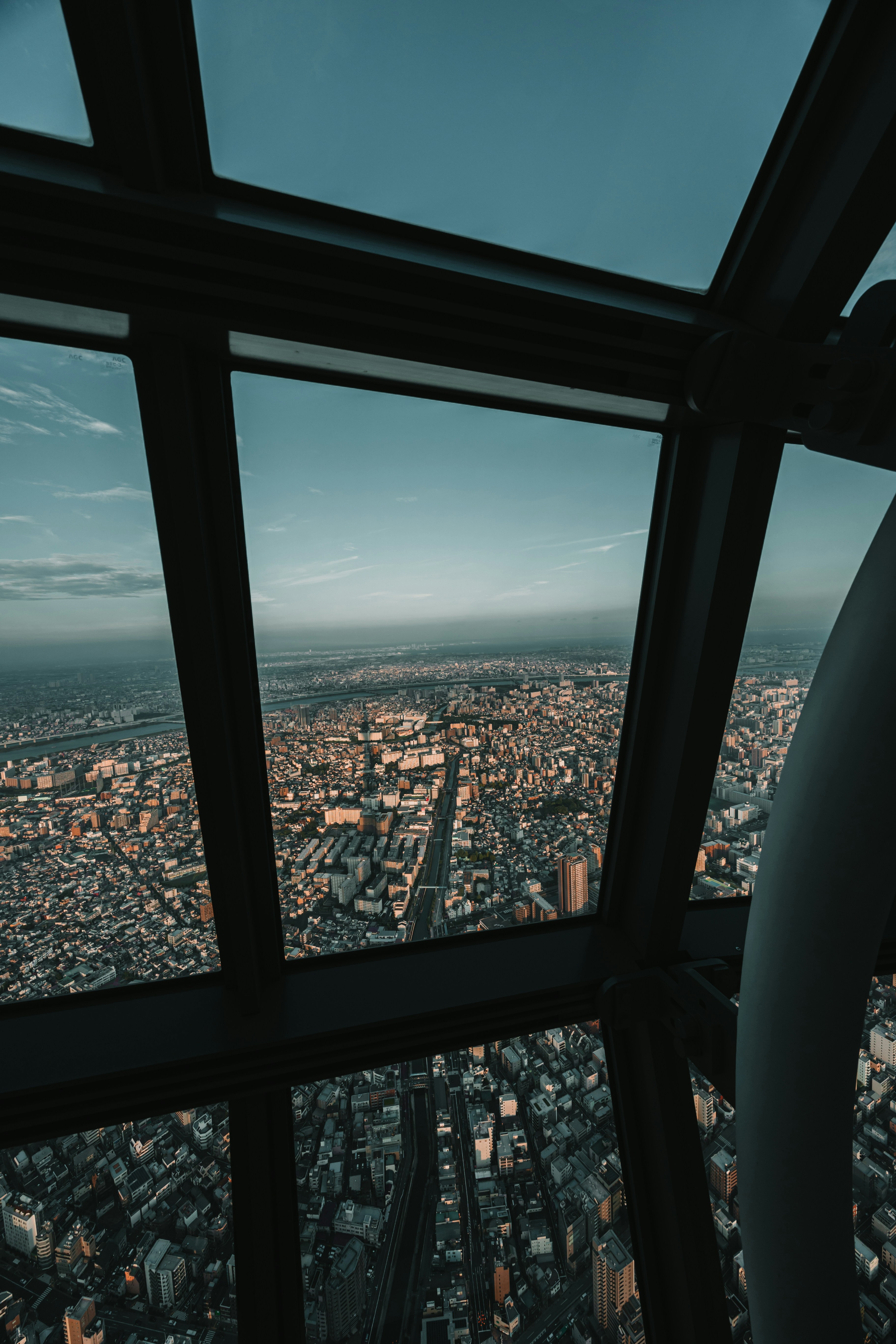 View of a sprawling cityscape through large windows.