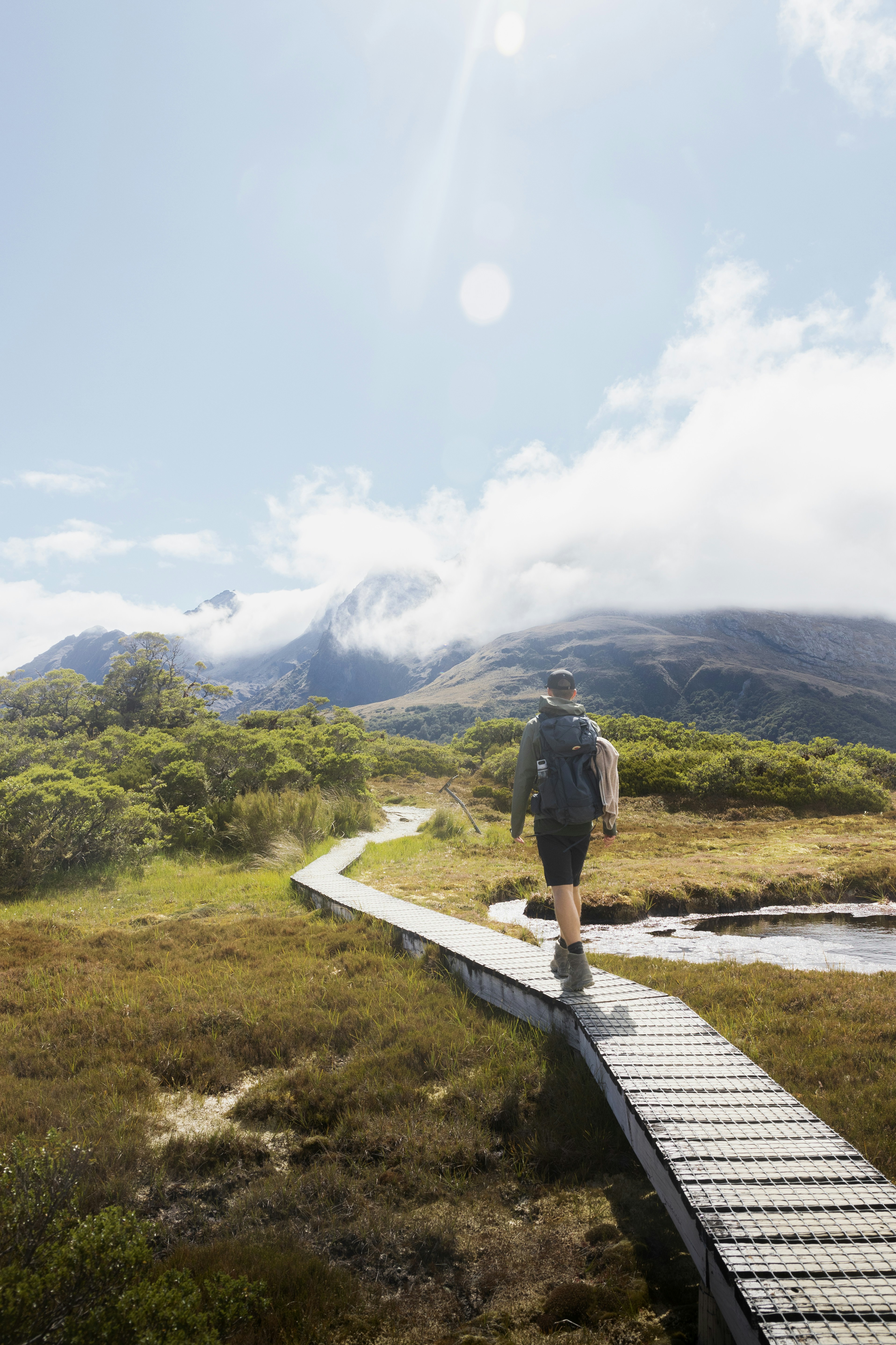 Hiker traversing a wooden pathway through lush greenery, leading towards majestic mountains under a bright sky.